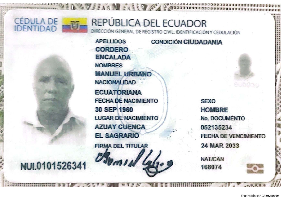 Cedula de Identidad de Ecuador - Manuel Urbano Cordero (NUI.0101526341 ...