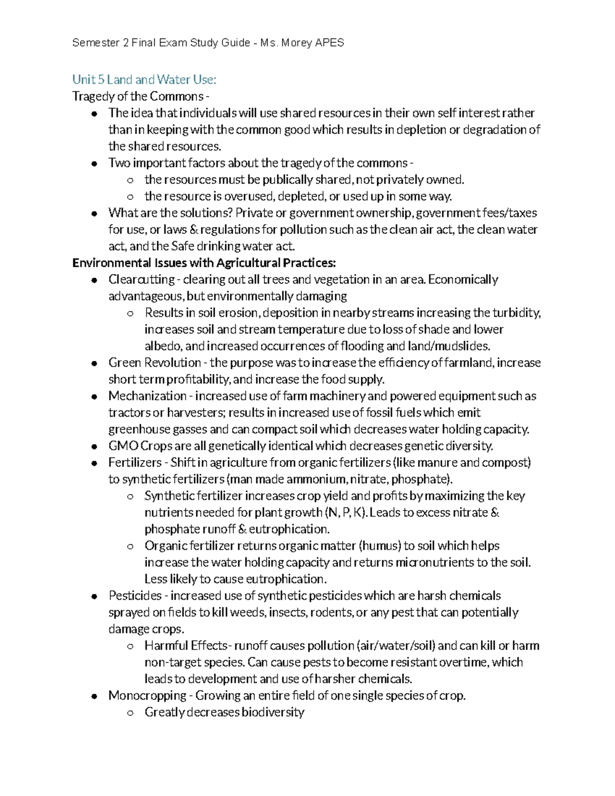 APES 2nd Sem Final Exam Study Guide: Land & Water Use Issues - Studocu