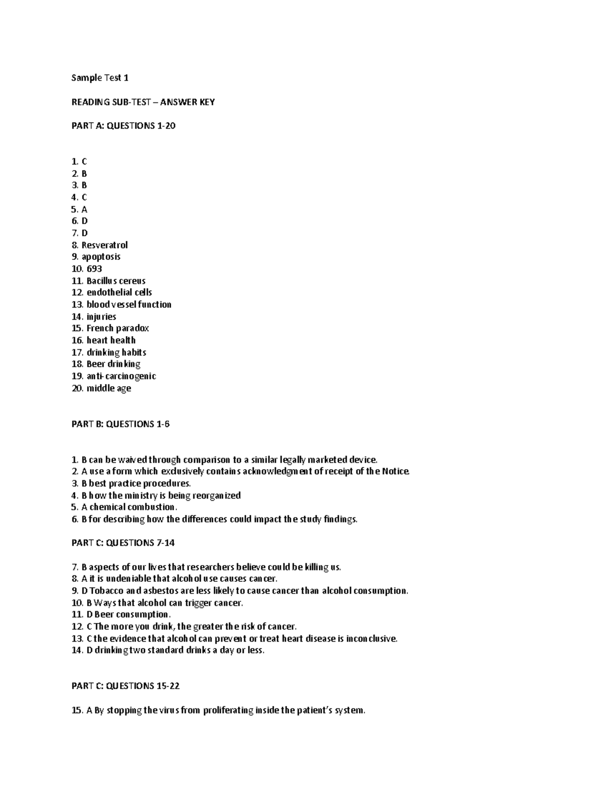 ABC-10 Reading Test - Sample Answer Key and Solutions - Studocu