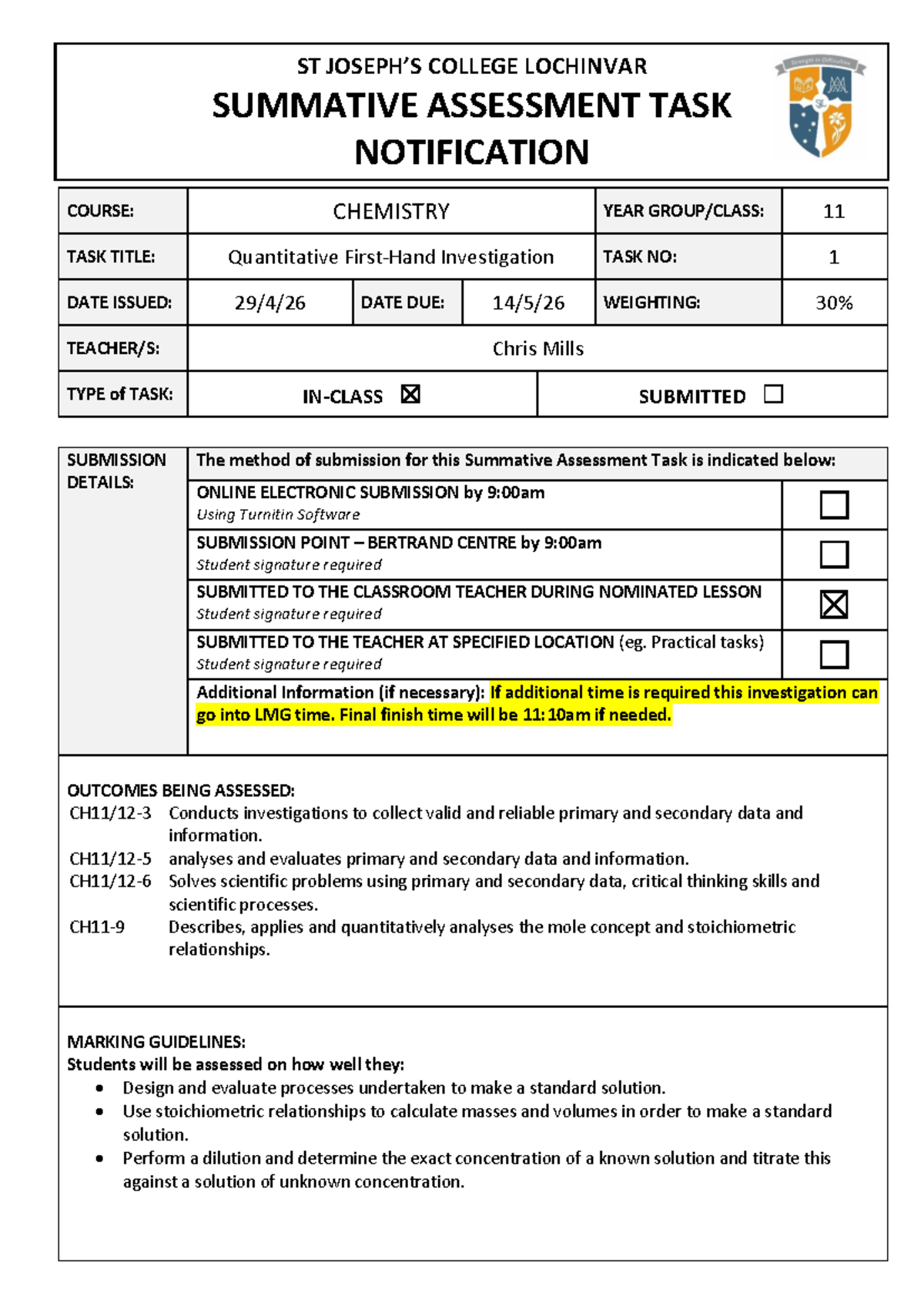 Year 11 Chemistry Assessment Task 1 Notification: Quantitative ...