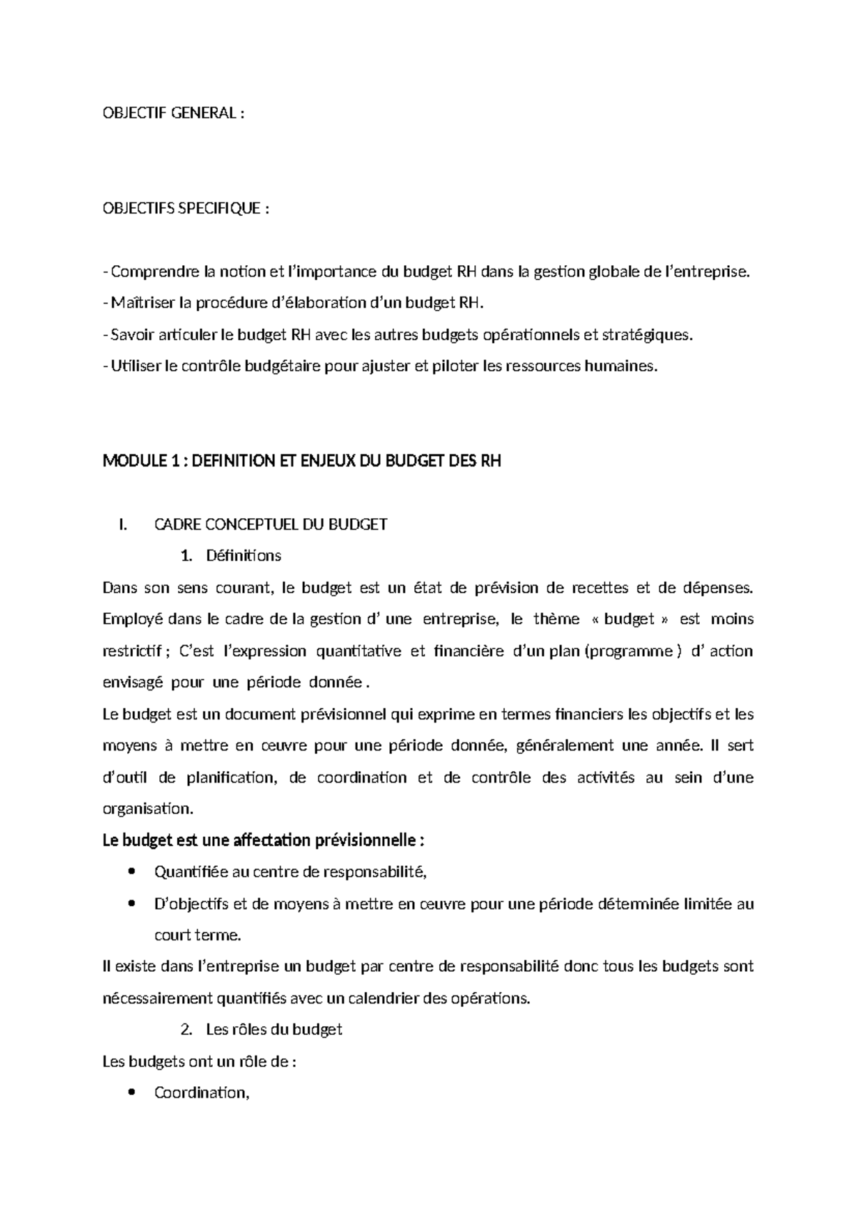 Formation Budget RH : Objectifs et Méthodologie - Module 1 à 3 - Studocu