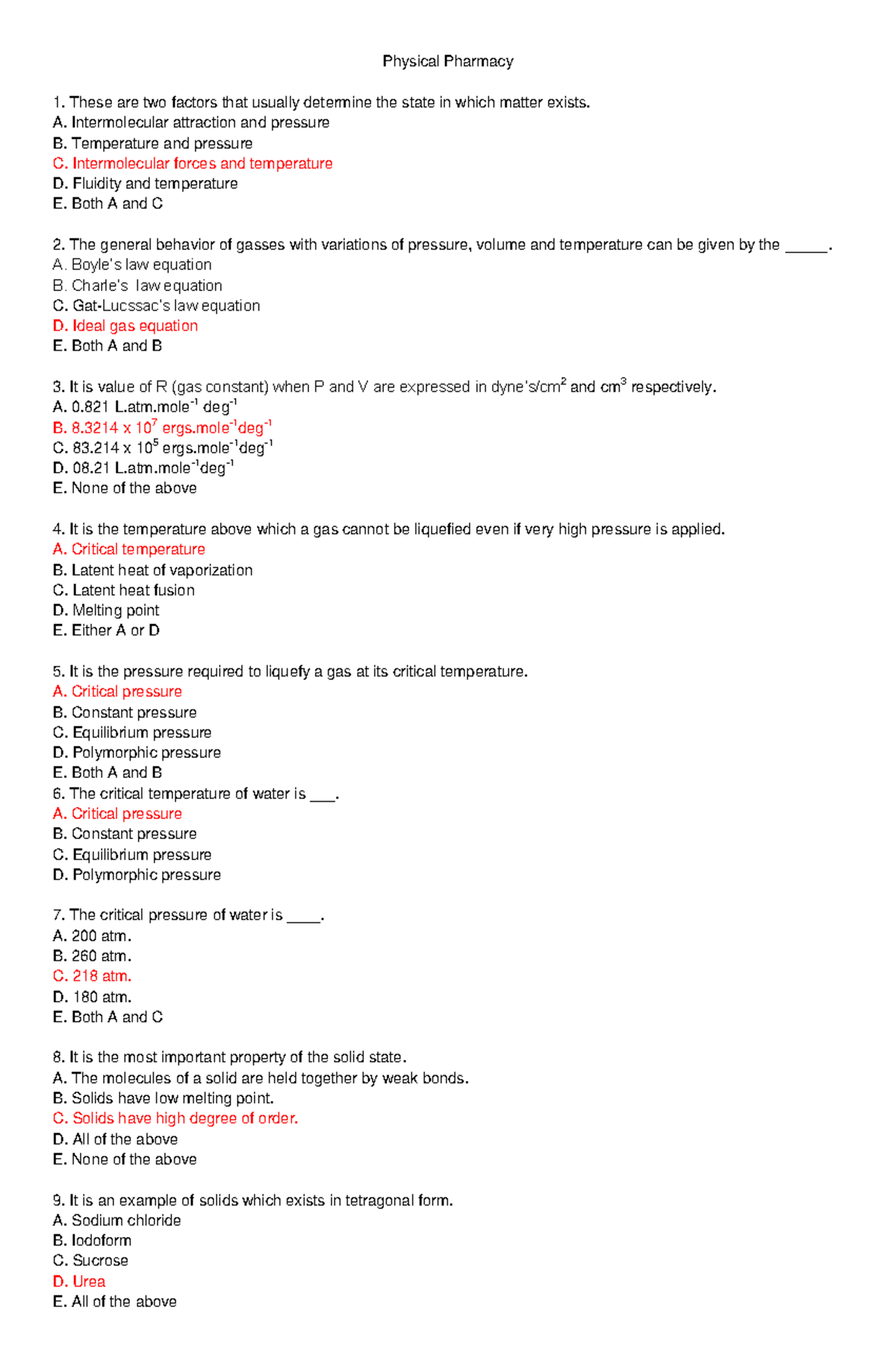 Physical Pharmacy 1: Answer Key for Exam Review - Studocu