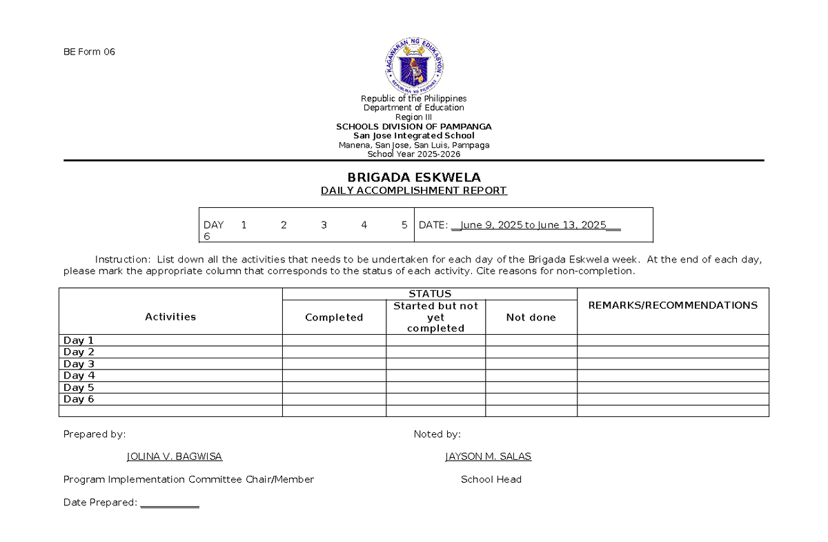 BE Form 06: Brigada Eskwela Daily Accomplishment Report (SY 2025-2026 ...