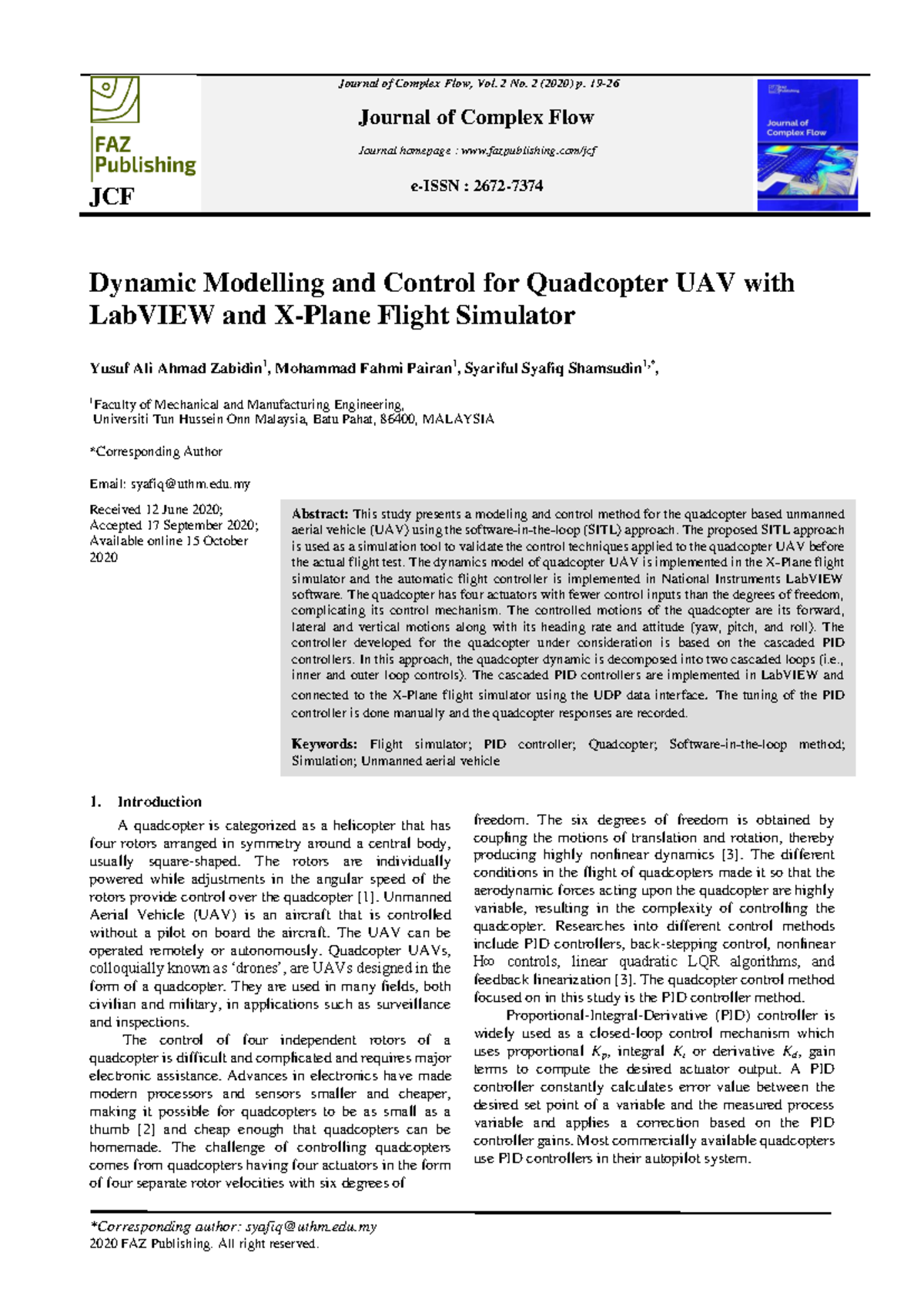 Dynamic Modelling and Control of Quadcopter UAV Using LabVIEW (JCF ...