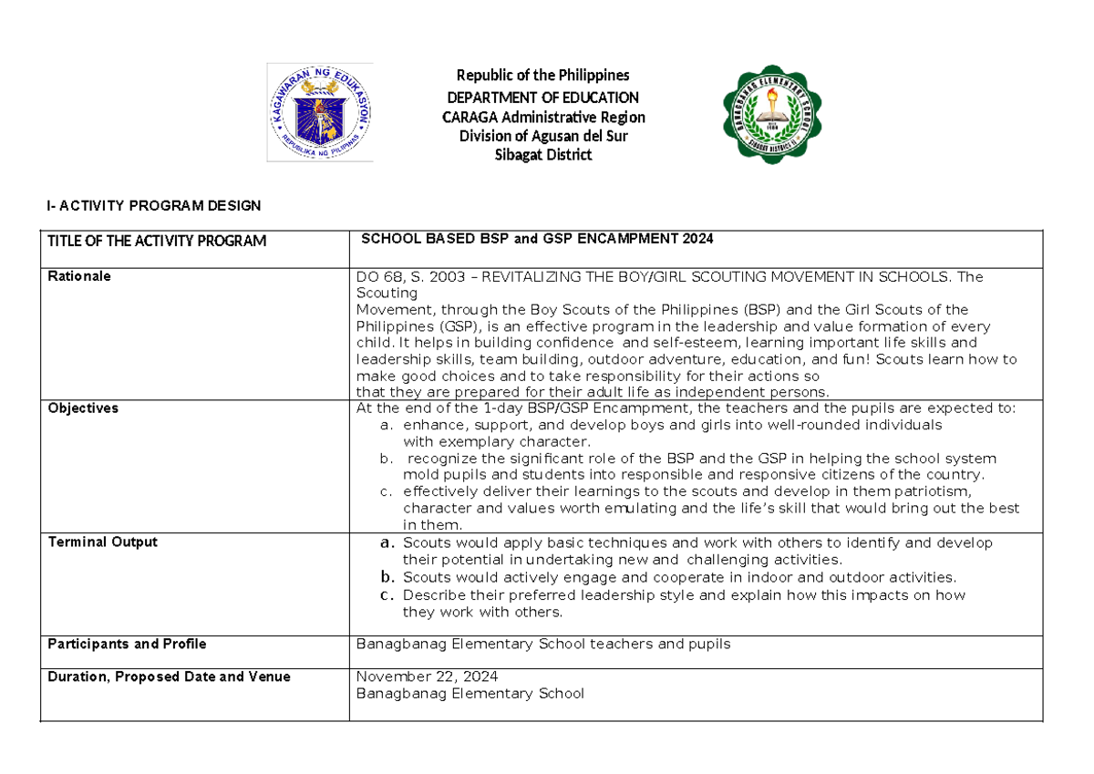 BSP/GSP Encampment Activity Program Design 2024 - Studocu