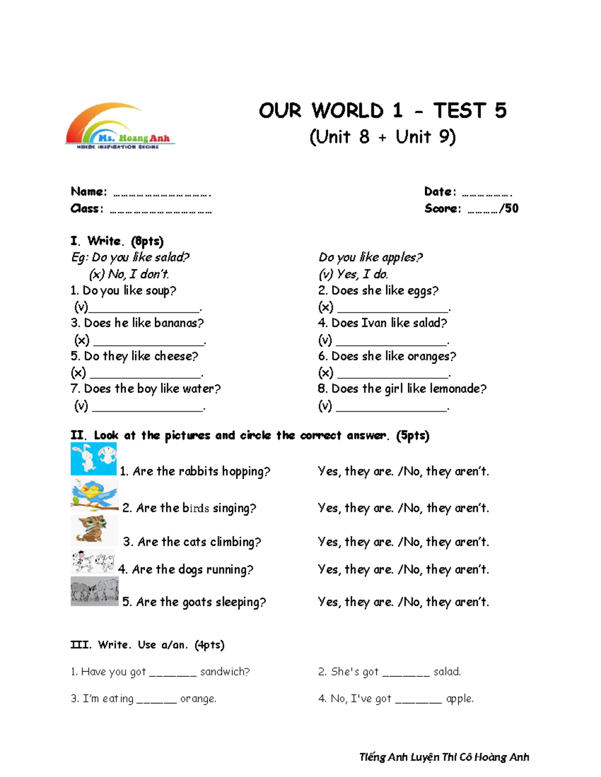 OUR WORLD 1 - TEST 5 (Unit 8 & 9) - Practice Questions - Studocu