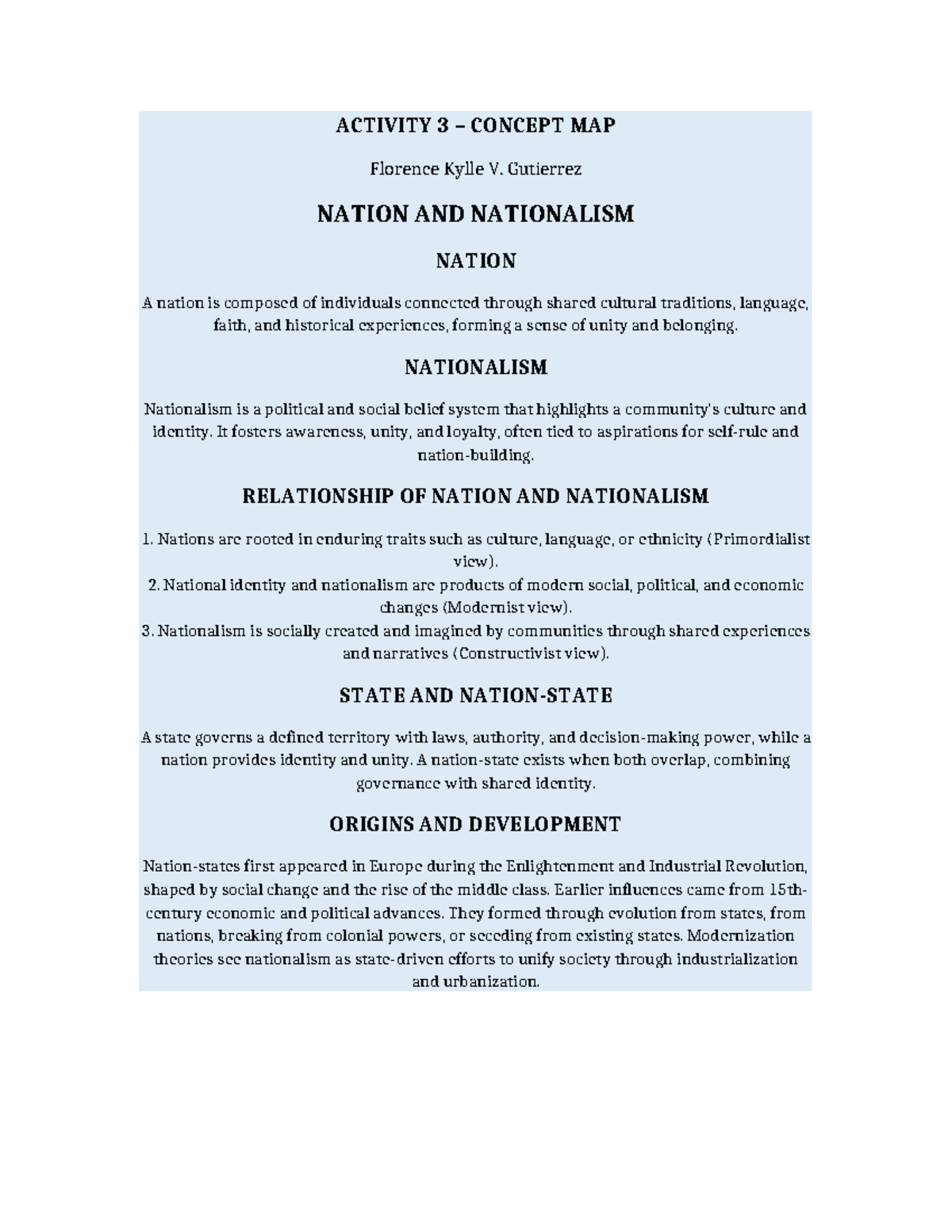ACTIVITY 3: Concept Map on Nation and Nationalism - Studocu