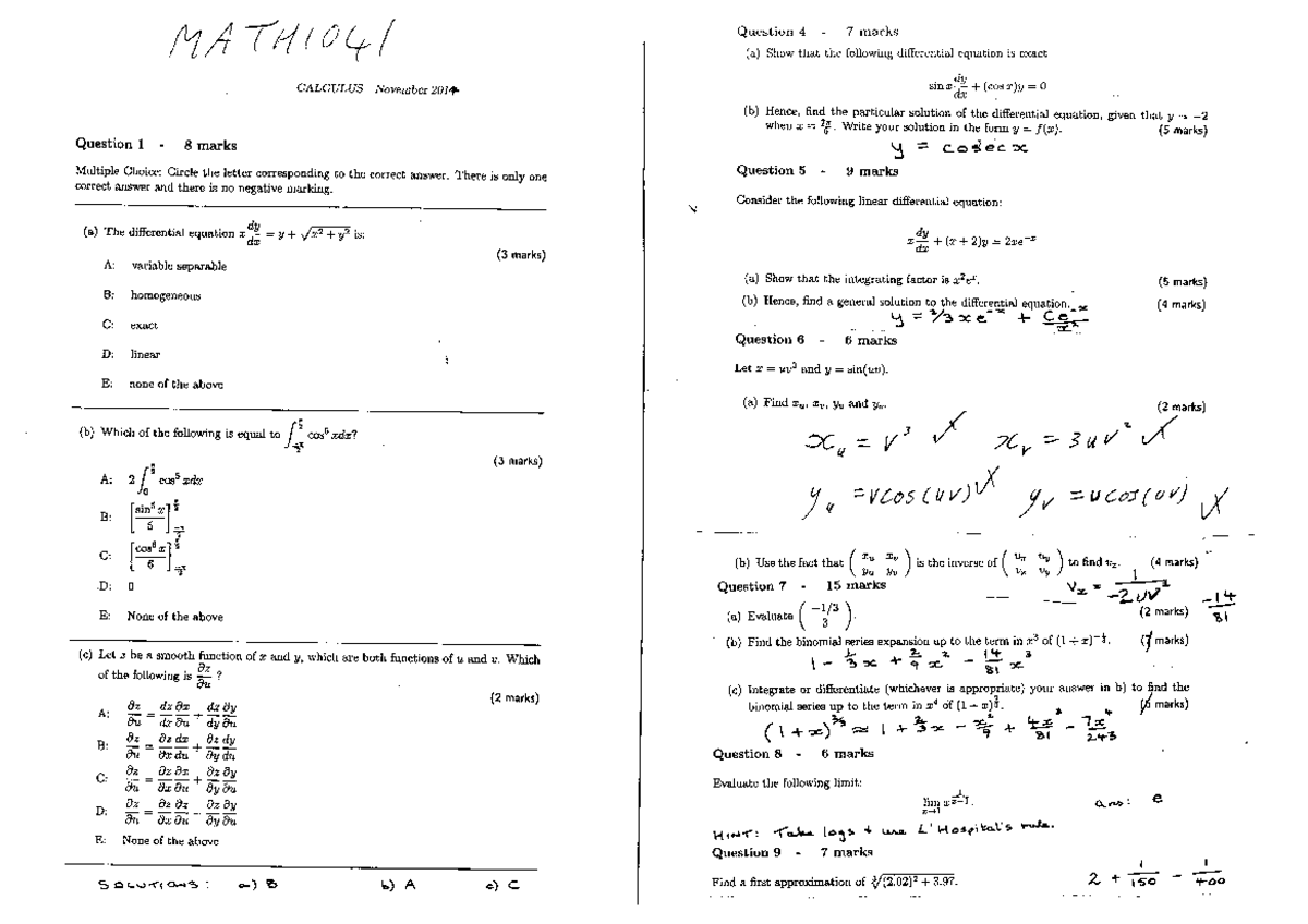 Calculus Exam Questions - November 2014 (Midterm) - Studocu