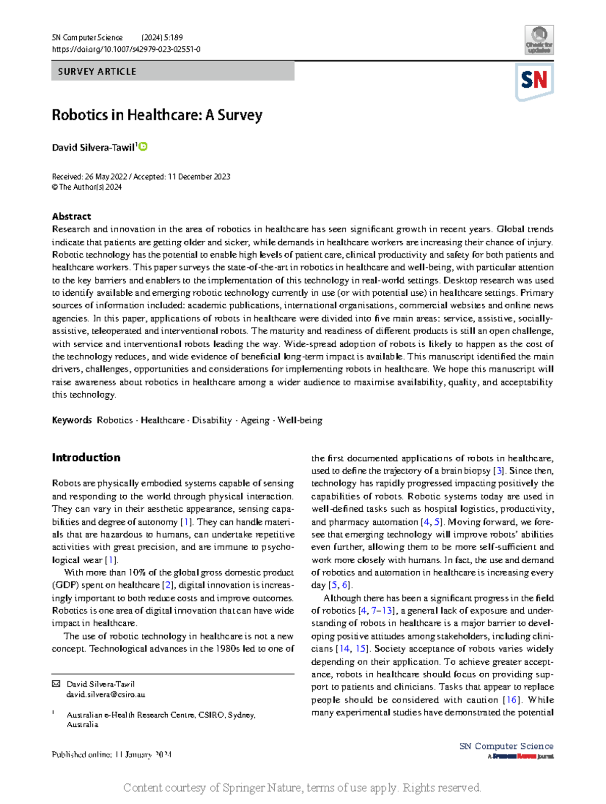 Robotics in Healthcare A Survey - Vol.:(0123456789) SN Computer Science ...