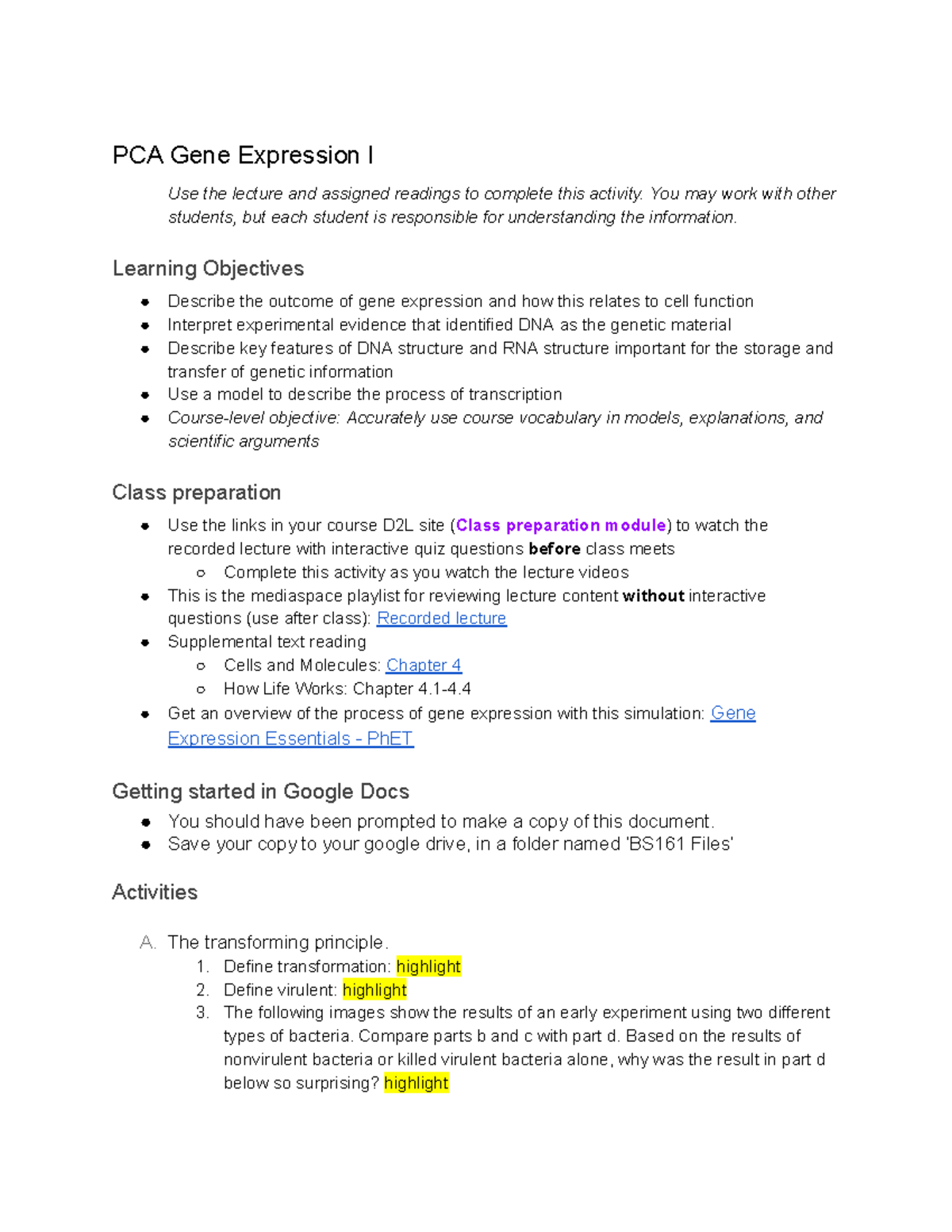 PCA 101: Gene Expression I Lecture Notes and Activities - Studocu