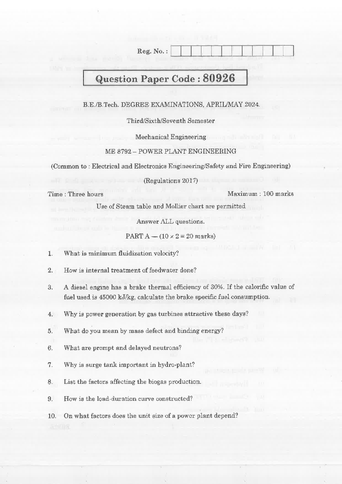ME 8792 - Power Plant Engineering Exam Paper - May 2024 - Studocu