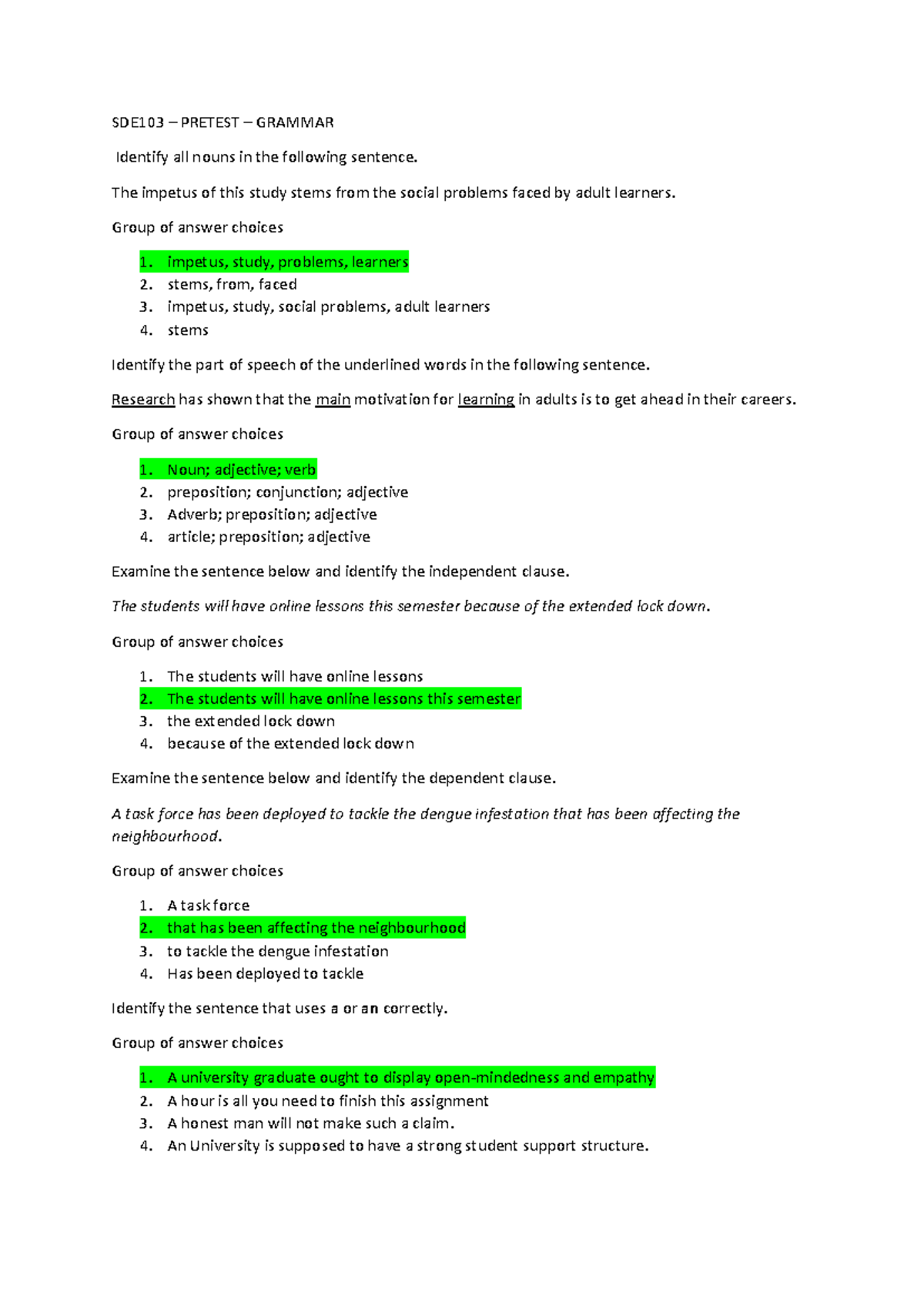 SDE103 - Grammar Pretest: Identifying Nouns, Clauses, and More - Studocu