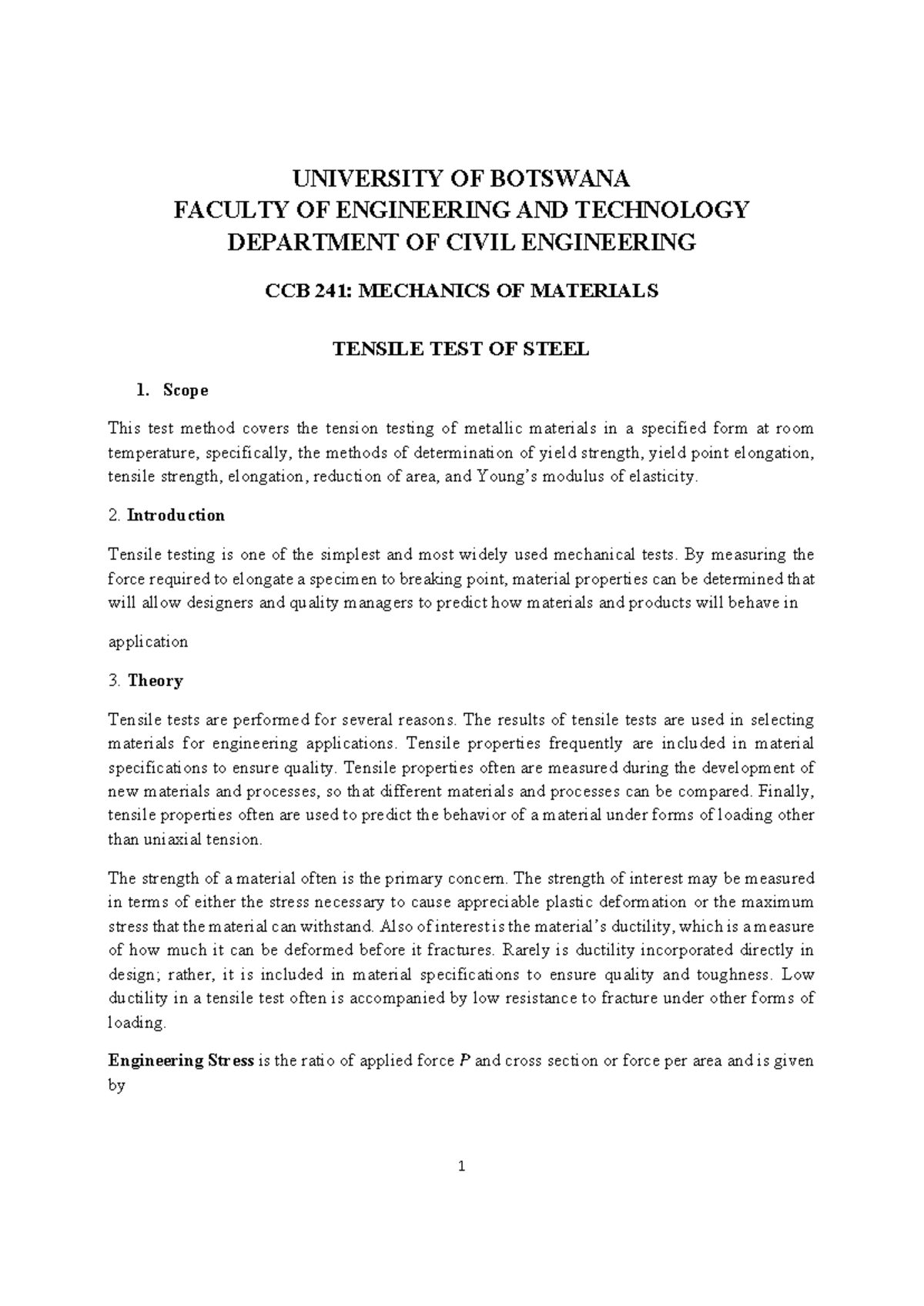 Revised Lab Manual for CCB 241: Tensile Test of Steel - Studocu
