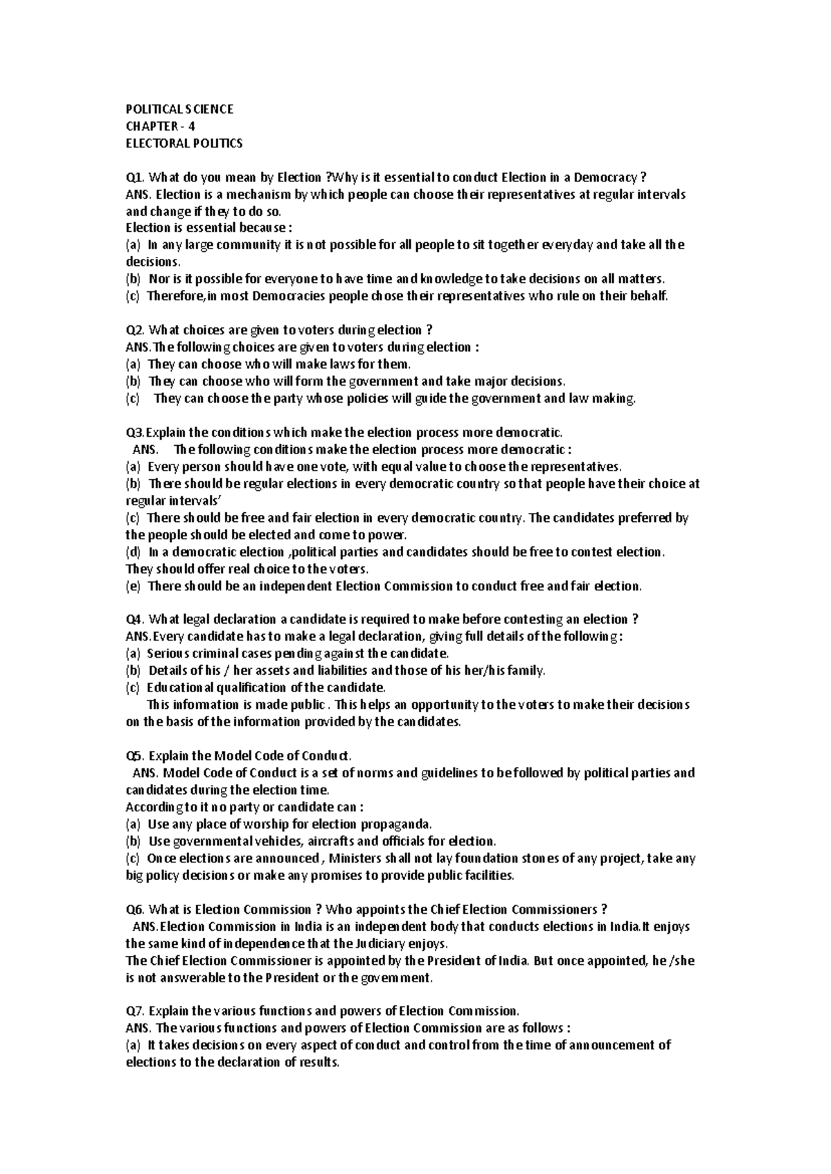 POLITICAL SCIENCE CHAPTER 4: ELECTORAL POLITICS NOTES - Studocu