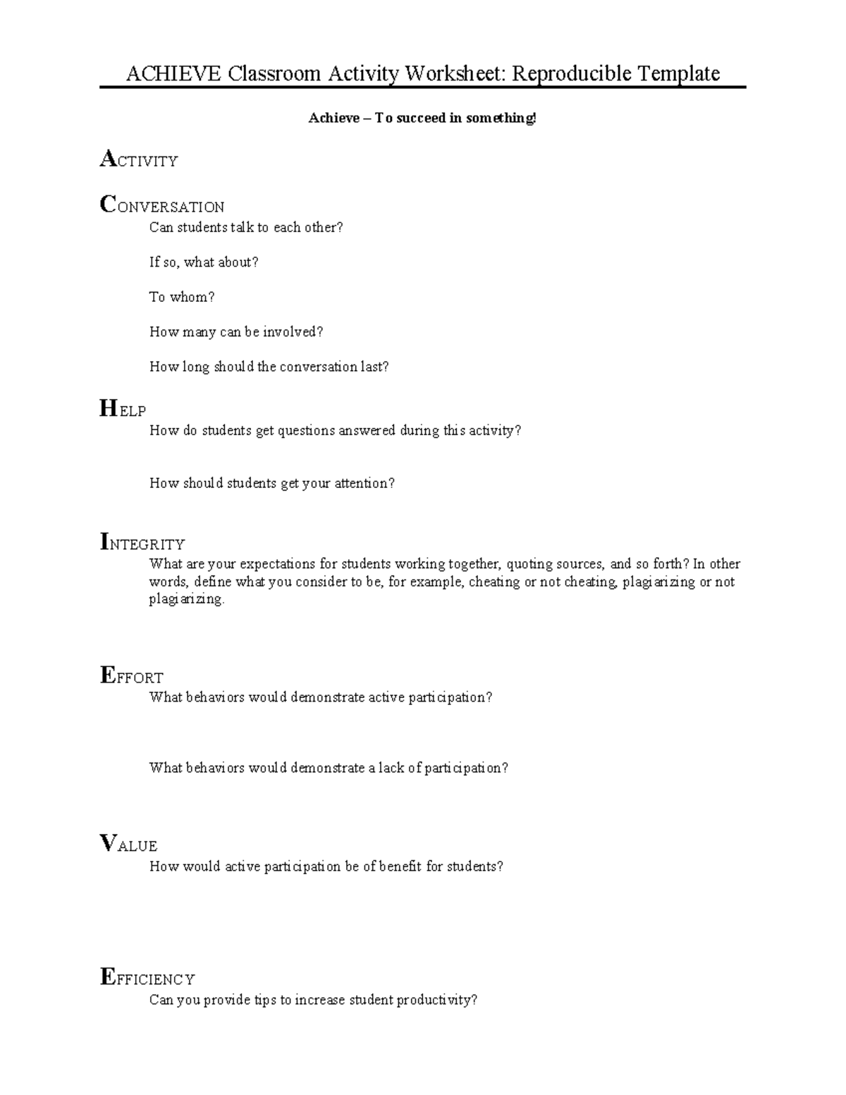 ACHIEVE Classroom Activity Worksheet: Student Engagement Guide - Studocu
