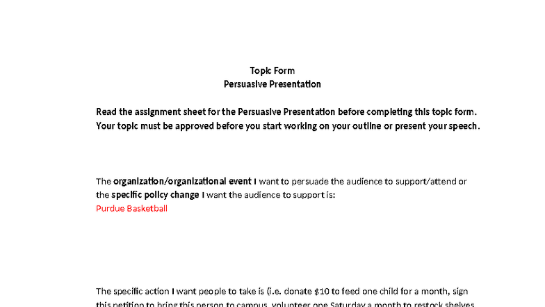 Persuasive Topic Form for Presentation on Purdue Basketball - Studocu
