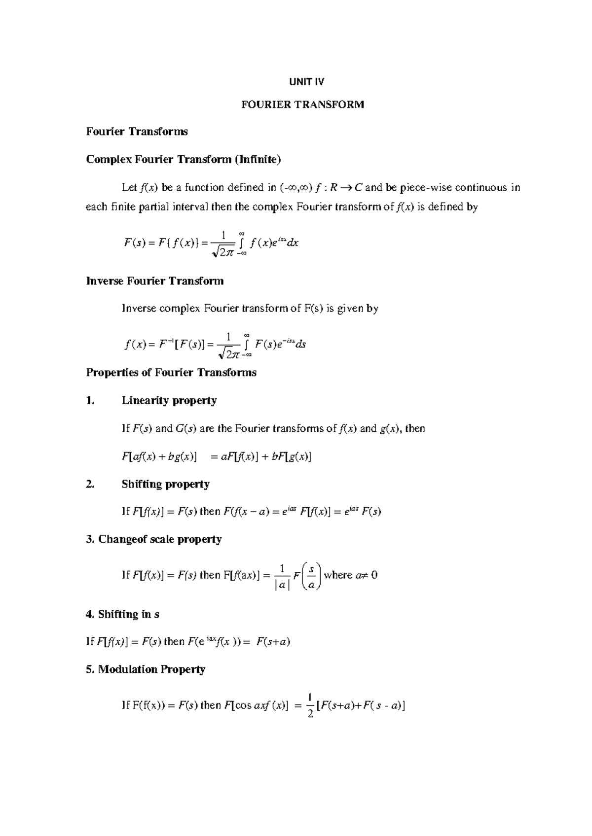 Fourier Transform Concepts and Properties - UNIT V & IV - Studocu