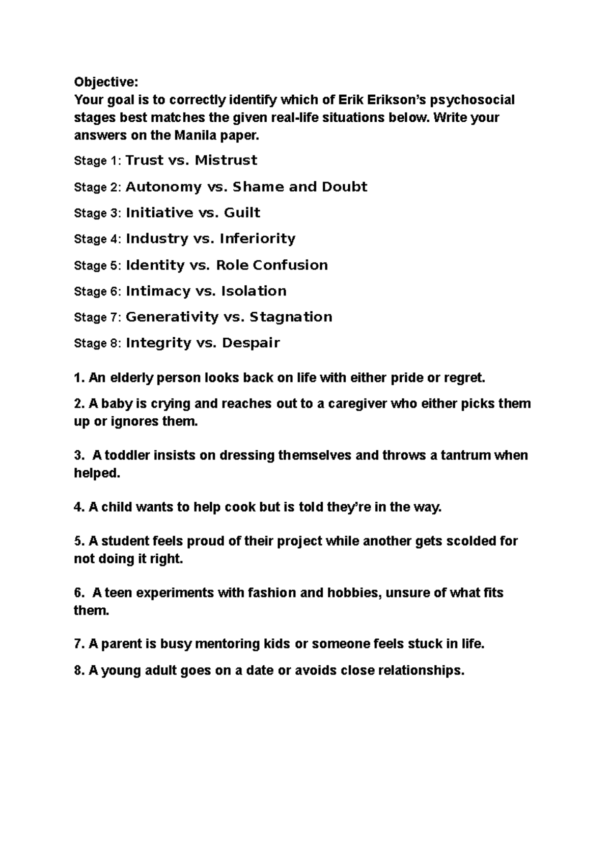 Activity: Identifying Erikson's Psychosocial Stages AS - Studocu