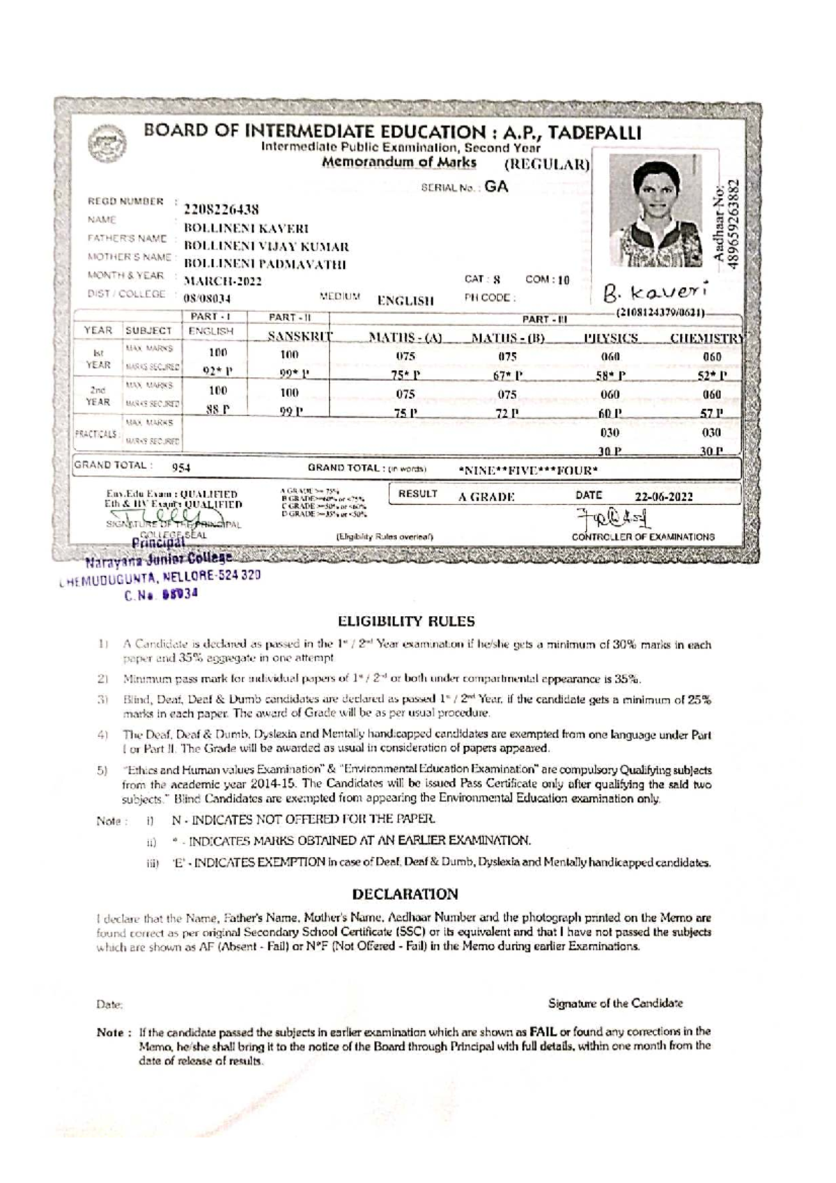 12th Marks Memo - Intermediate Public Exam, A.P. (Regular) - Studocu