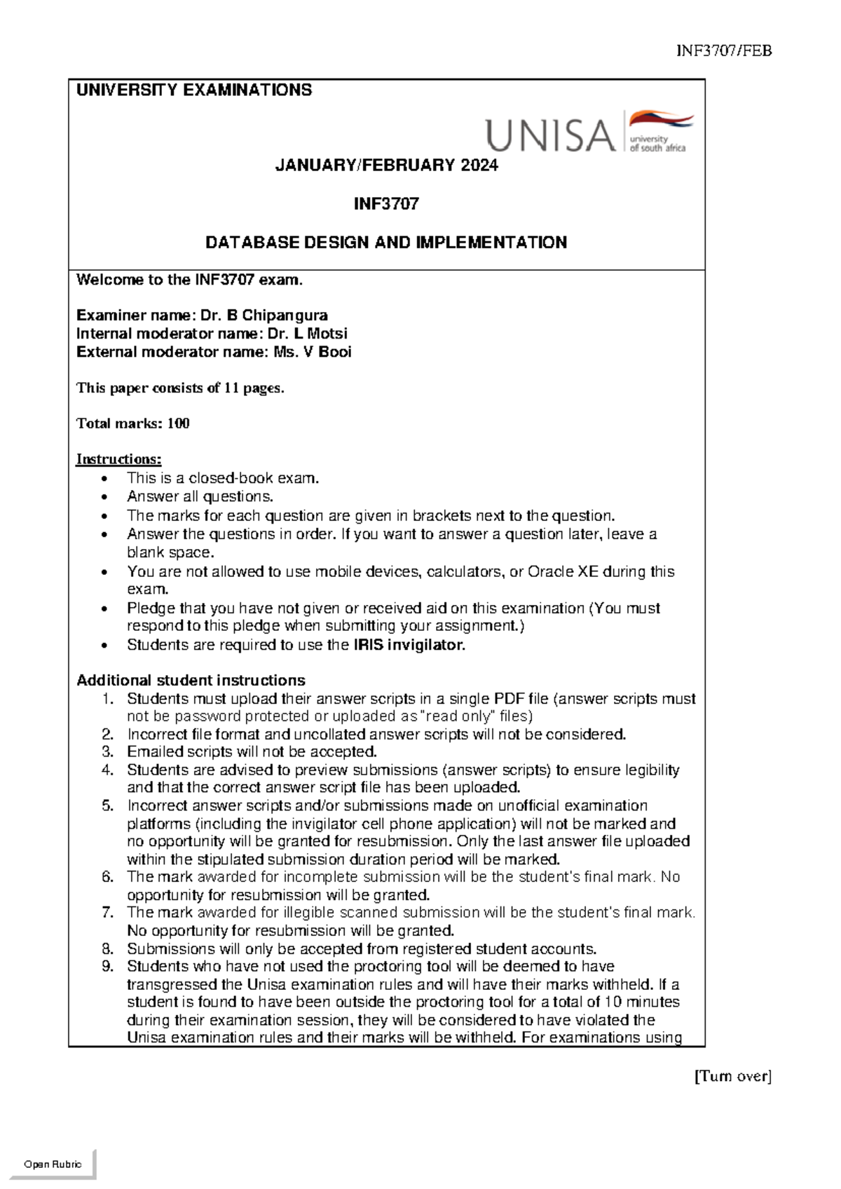 INF3707 Final Exam: Database Design and Implementation Guidelines - Studocu