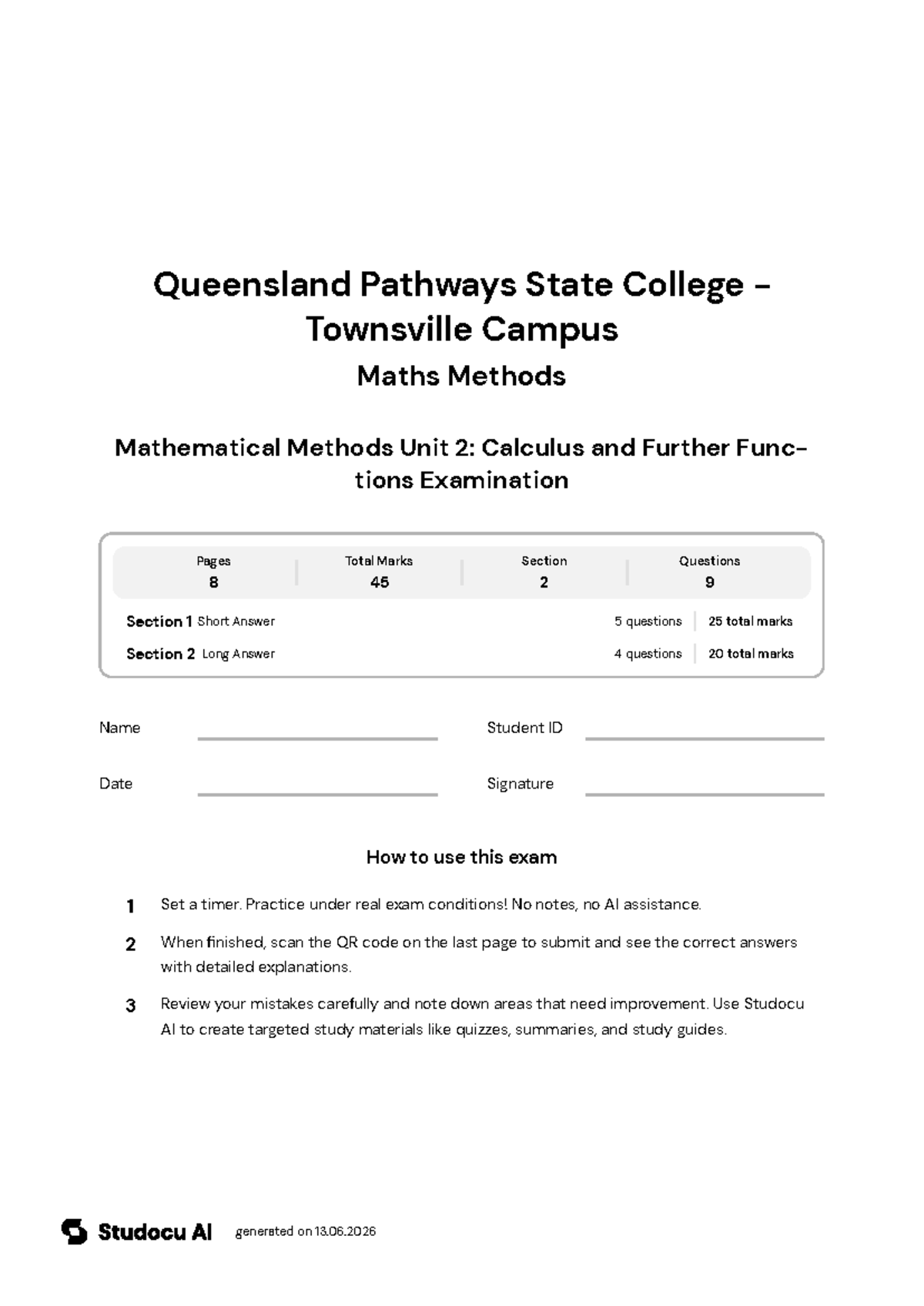 Mathematical Methods Unit 2: Calculus Exam - Studocu