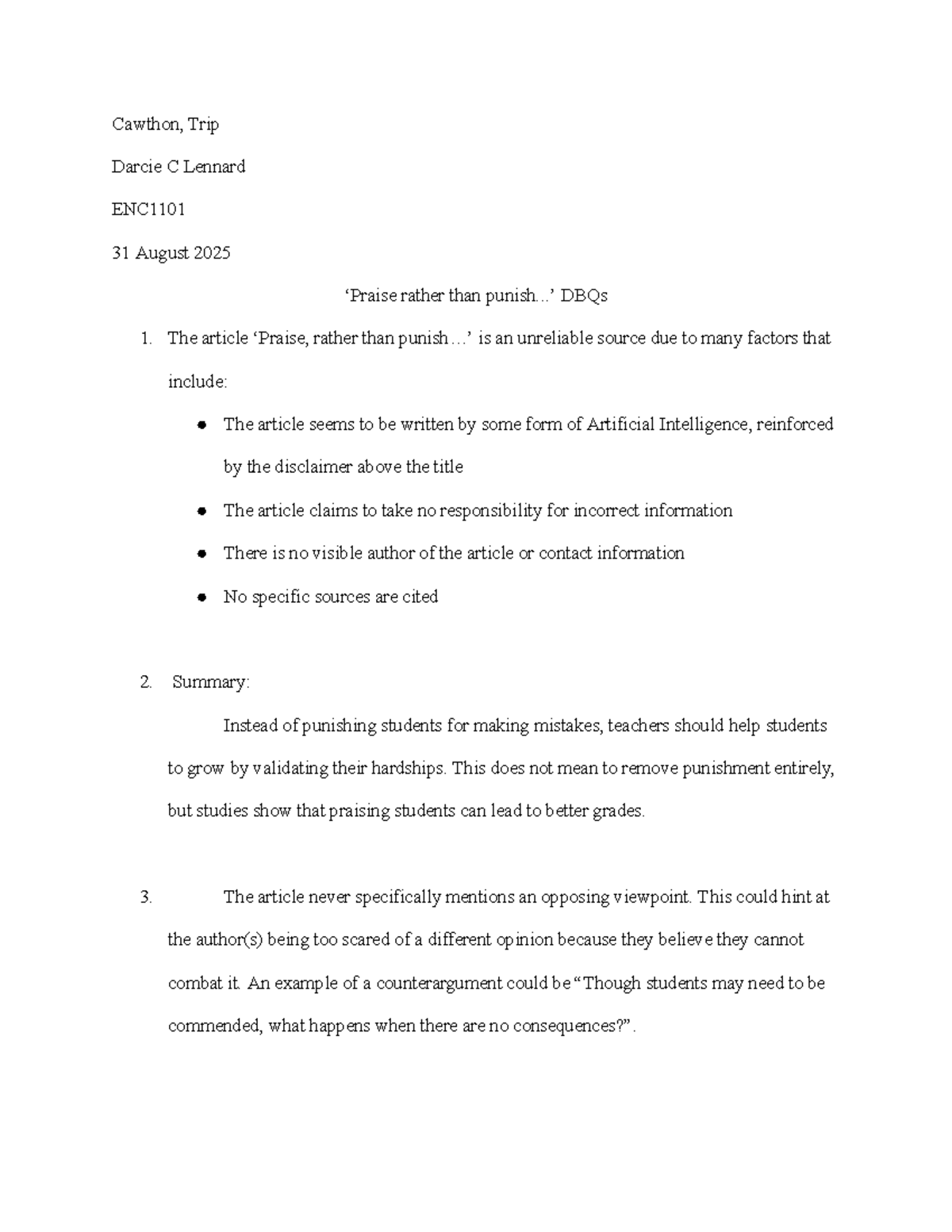 ENC1101 Praise Rather Than Punish: Analyzing DBQs - Studocu