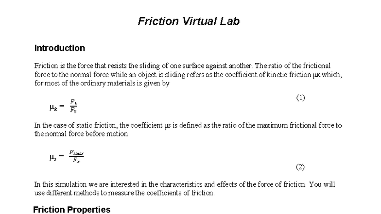Friction Virtual Lab Intro: Understanding Kinetic & Static Friction ...