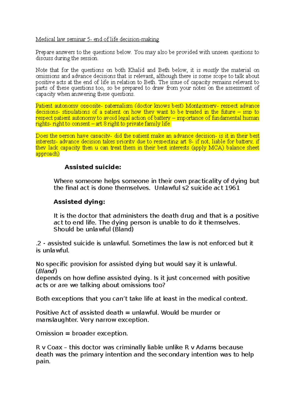Medical Law Seminar 5: End of Life Decision-Making Overview - Studocu