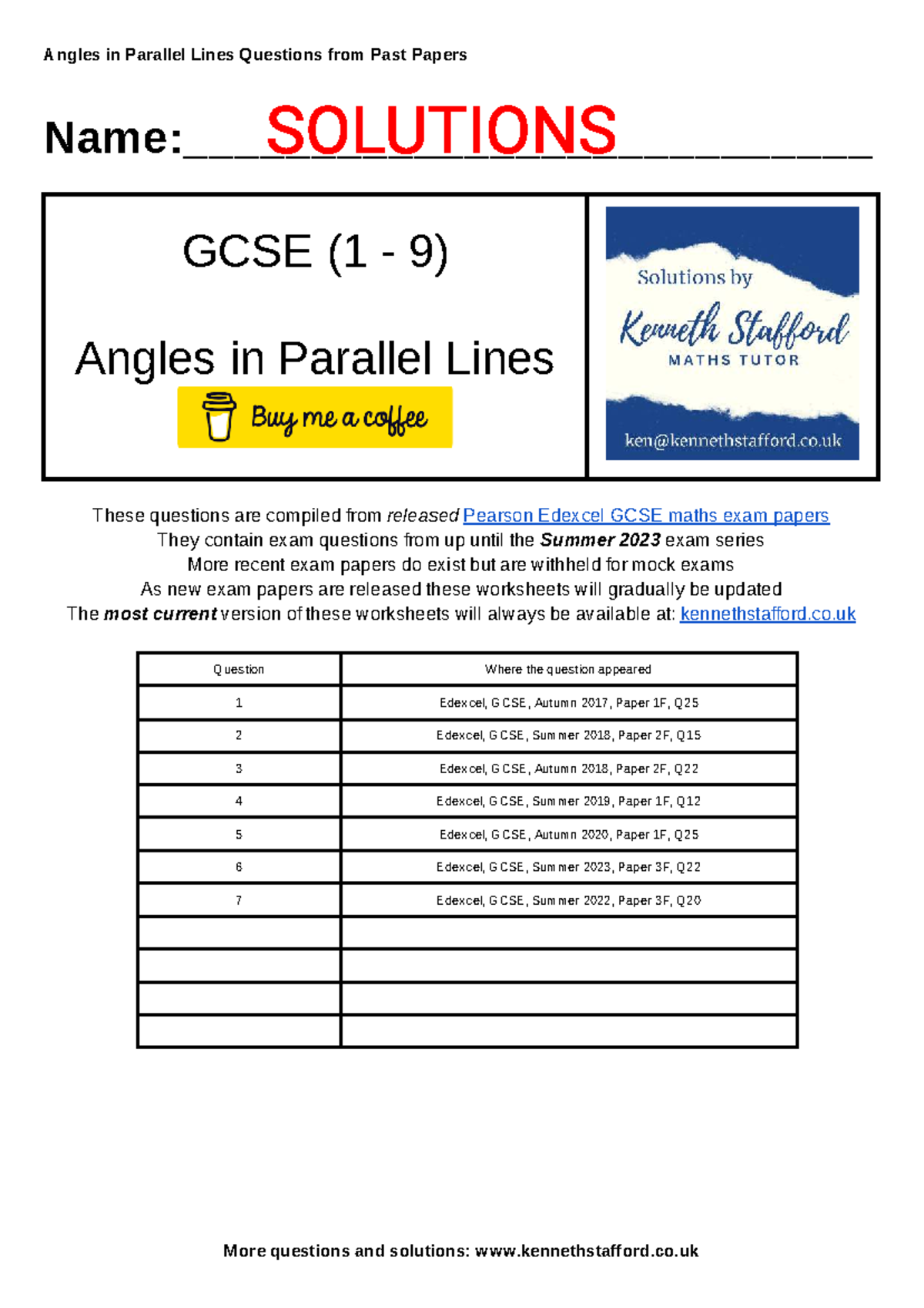 Ans - Angles in Parallel Lines - PPQs [kennethstafford - Name