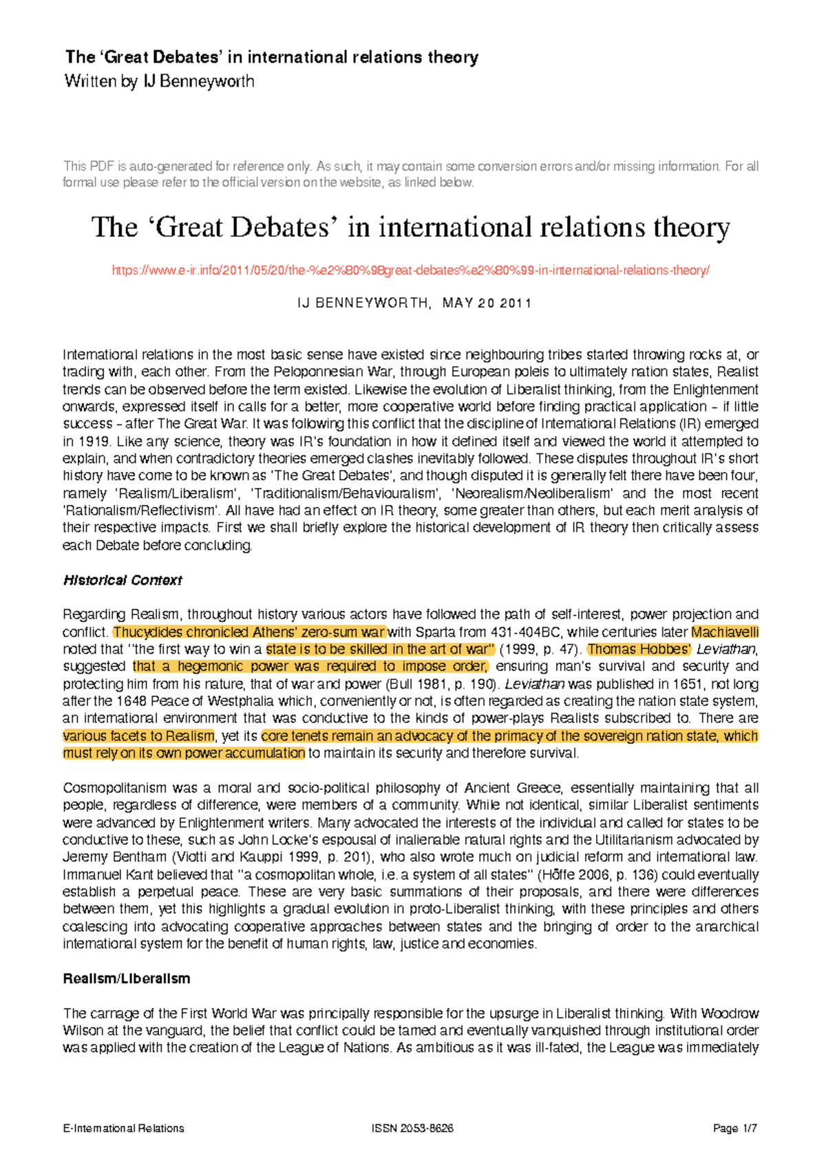The Great Debates in International Relations Theory (IR 101) - Studocu