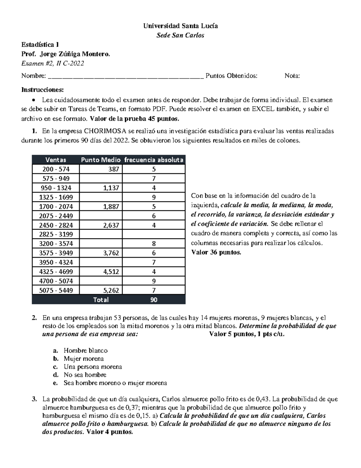 II Examen Estadística I - USL: Análisis de Ventas y Probabilidades ...