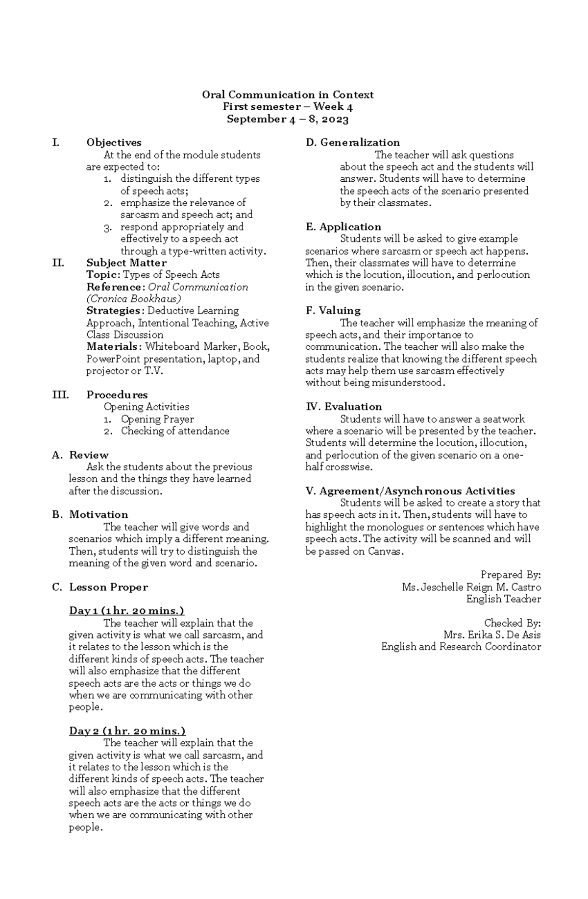 Lesson Plan: Oral Comm Module 4 - Types of Speech Acts & Sarcasm - Studocu
