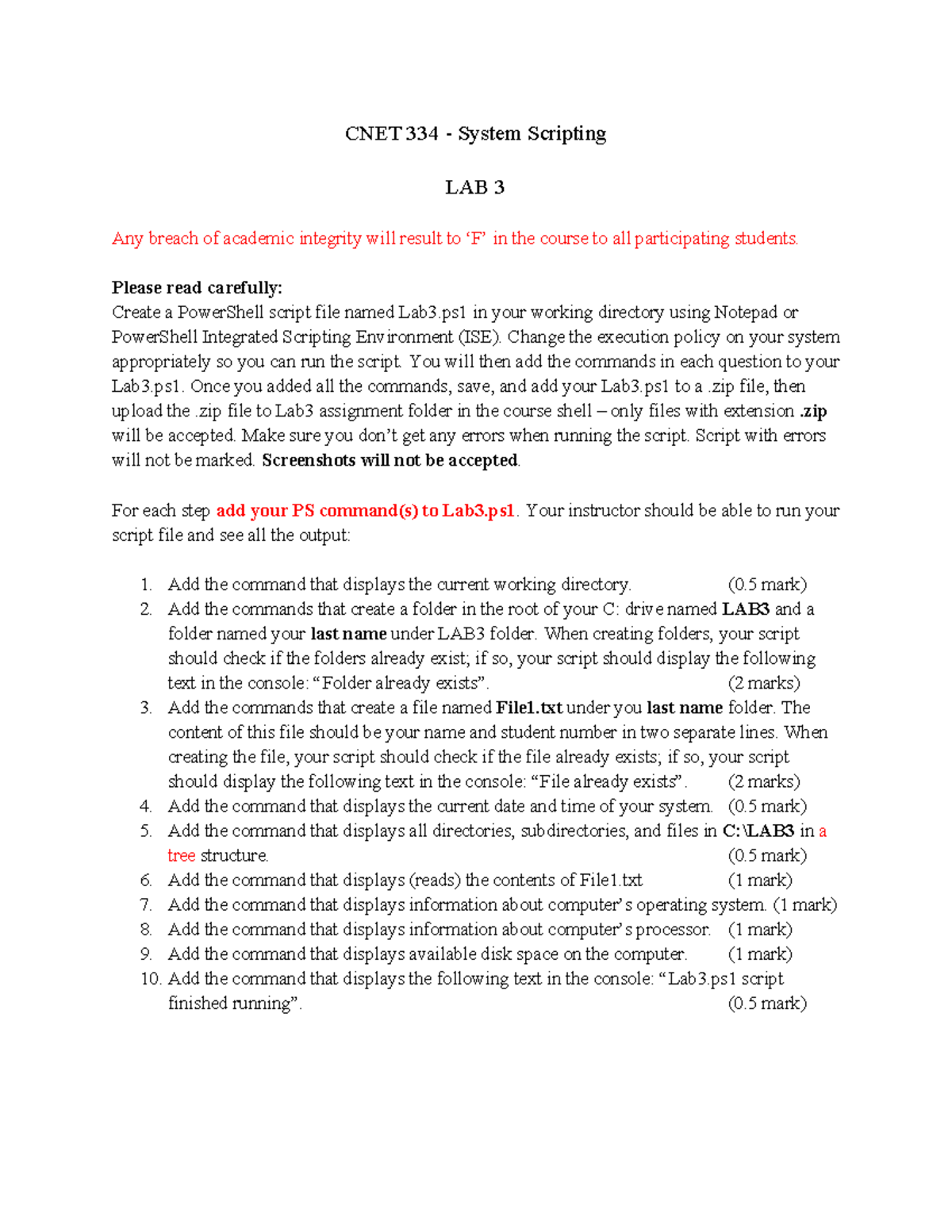 LAB 3 - Lab 3 - CNET 334 - System Scripting LAB 3 Any breach of ...