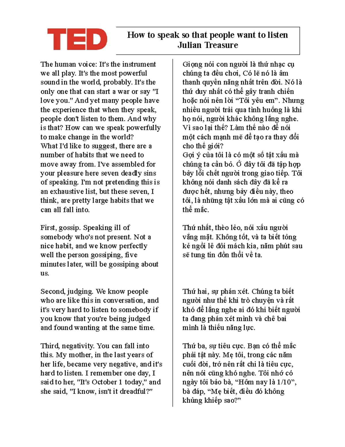 TED Talk 4: How to Speak So People Want to Listen - Julian Treasure ...