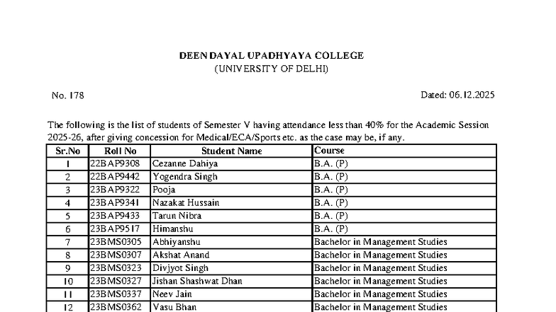 Sem V Attendance List for Students with Less Attendance - Studocu