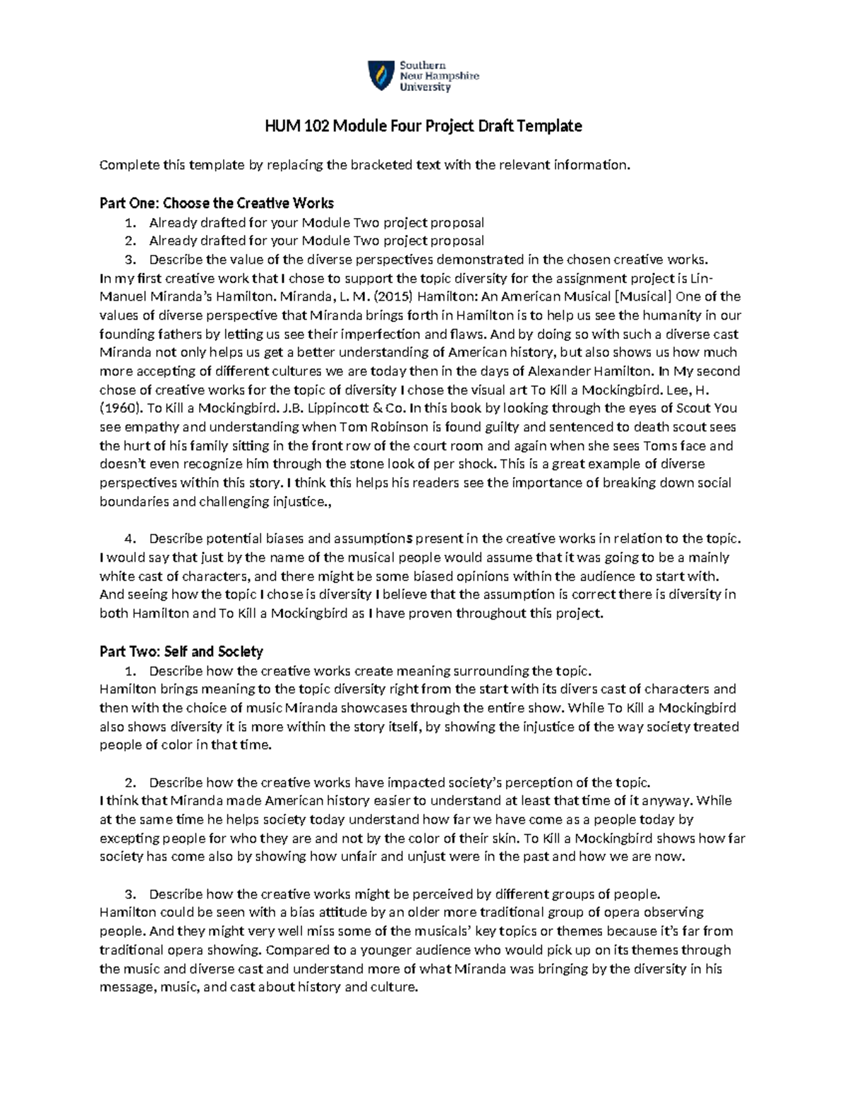 HUM 102 Module Four Project Draft: Exploring Diversity in Creative ...