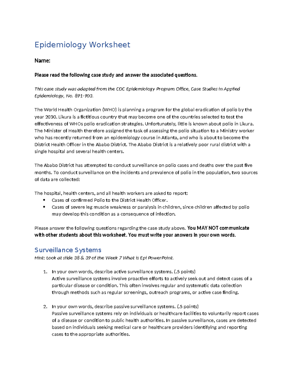 Epidemiology Case Study Worksheet - Polio in Likura (EPI 203) - Studocu