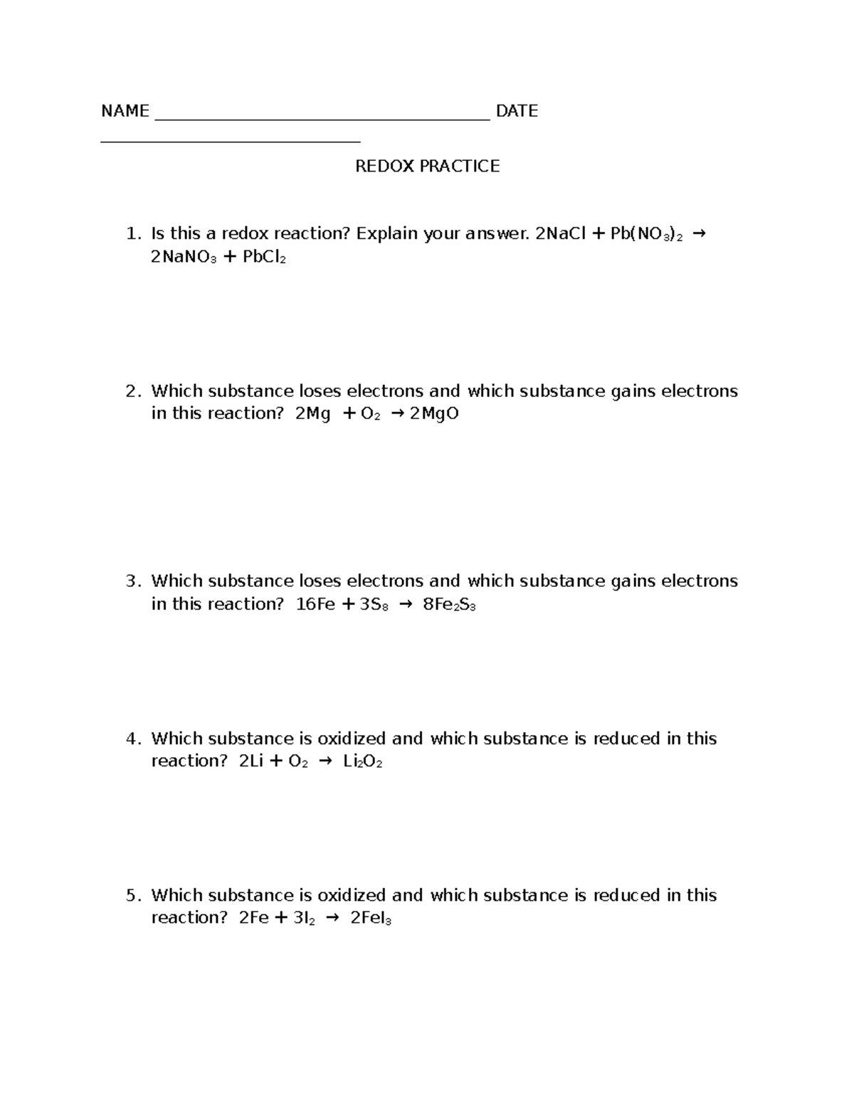 CHEM 101: Redox Reaction Practice Exercises - Studocu