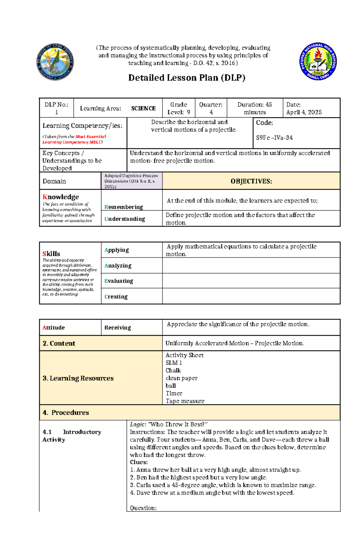 Projectile Motion Lesson Plan (DLP No. 1) for Grade 9 Science - Studocu