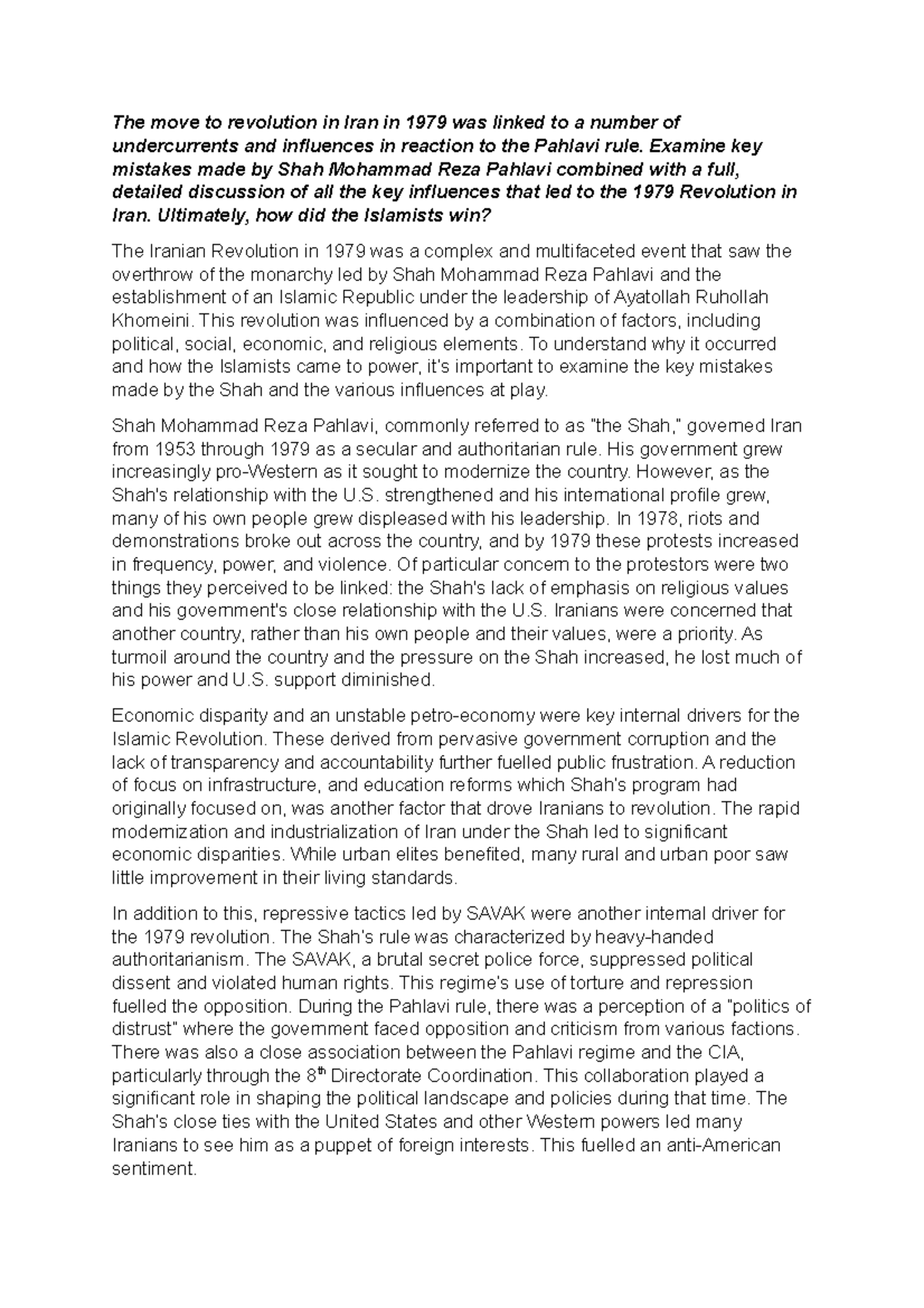 POL400a Midterm Essay 1: The 1979 Iranian Revolution Influences - Studocu