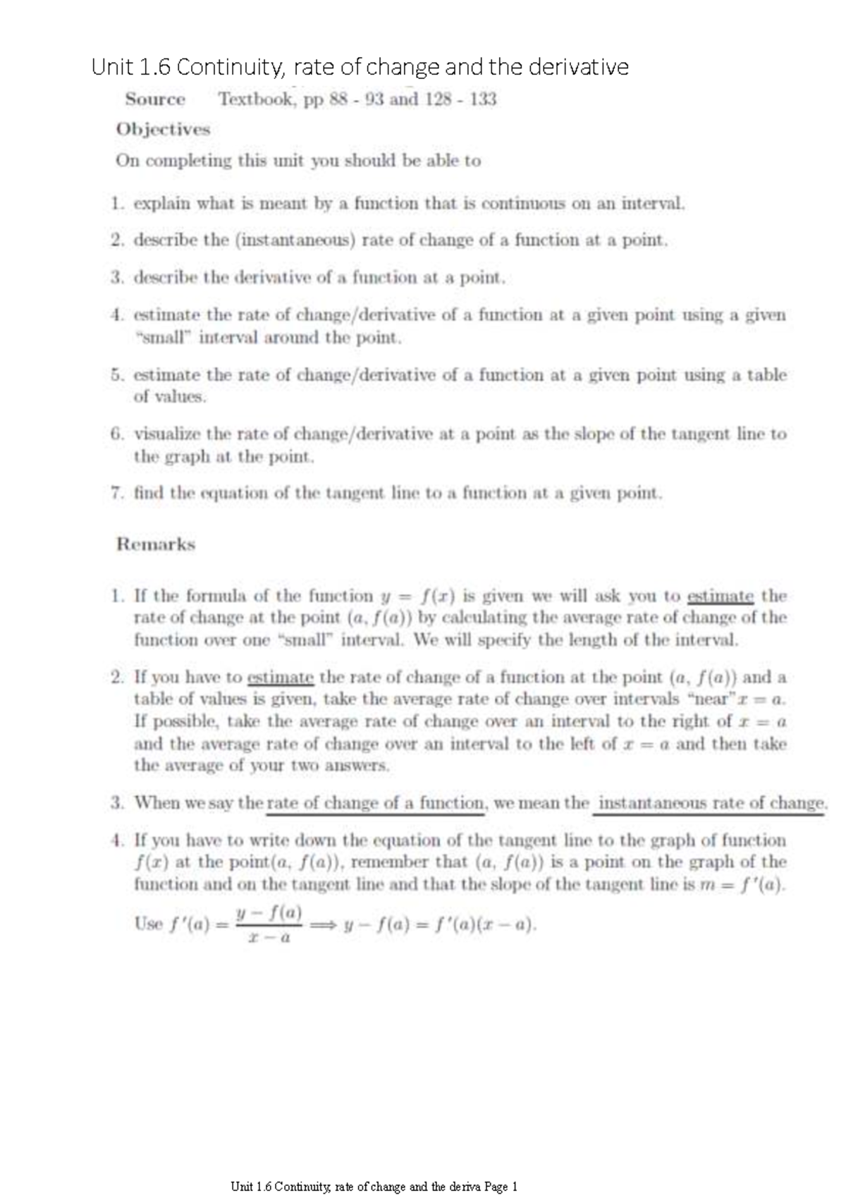 Unit 1.6: Continuity, Rate of Change & Derivatives Overview - Studocu