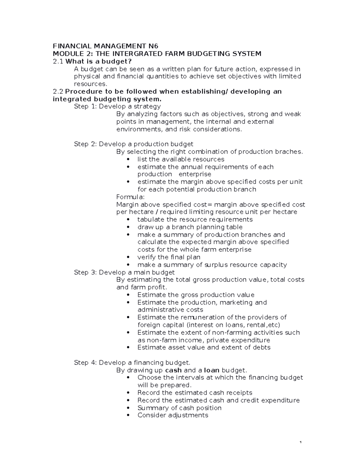 Financial Management N6 Notes: Module 2 - Integrated Farm Budgeting ...
