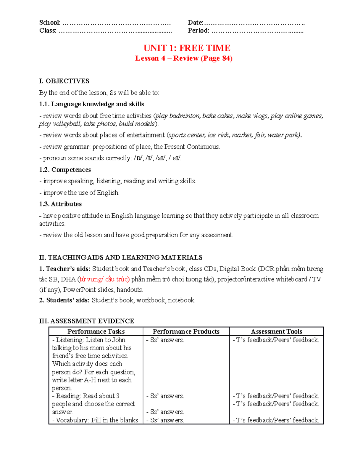 UNIT 1 - Lesson 4 - Review - School ...