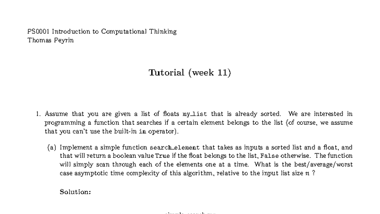 PS0001 Tutorial 11 Solutions: Searching Algorithms in Python - Studocu