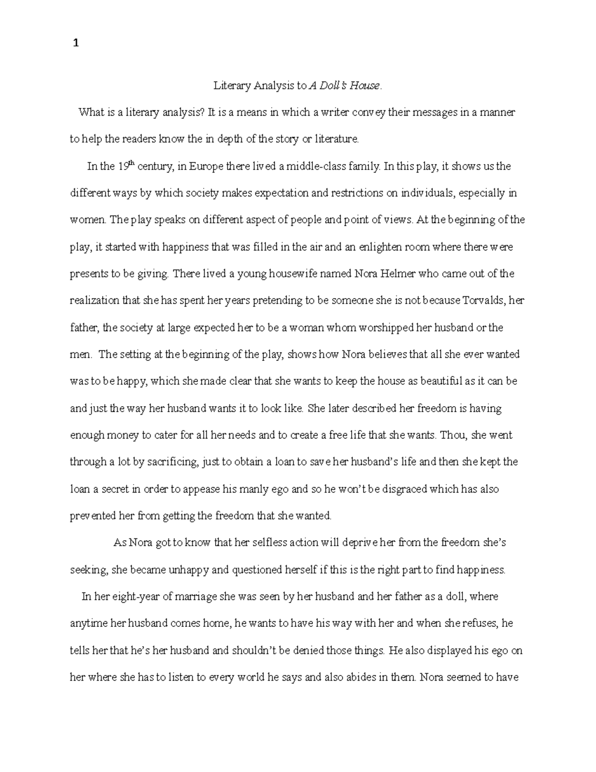 ENG 101 - A Doll's House - Literary Analysis Essay - Studocu