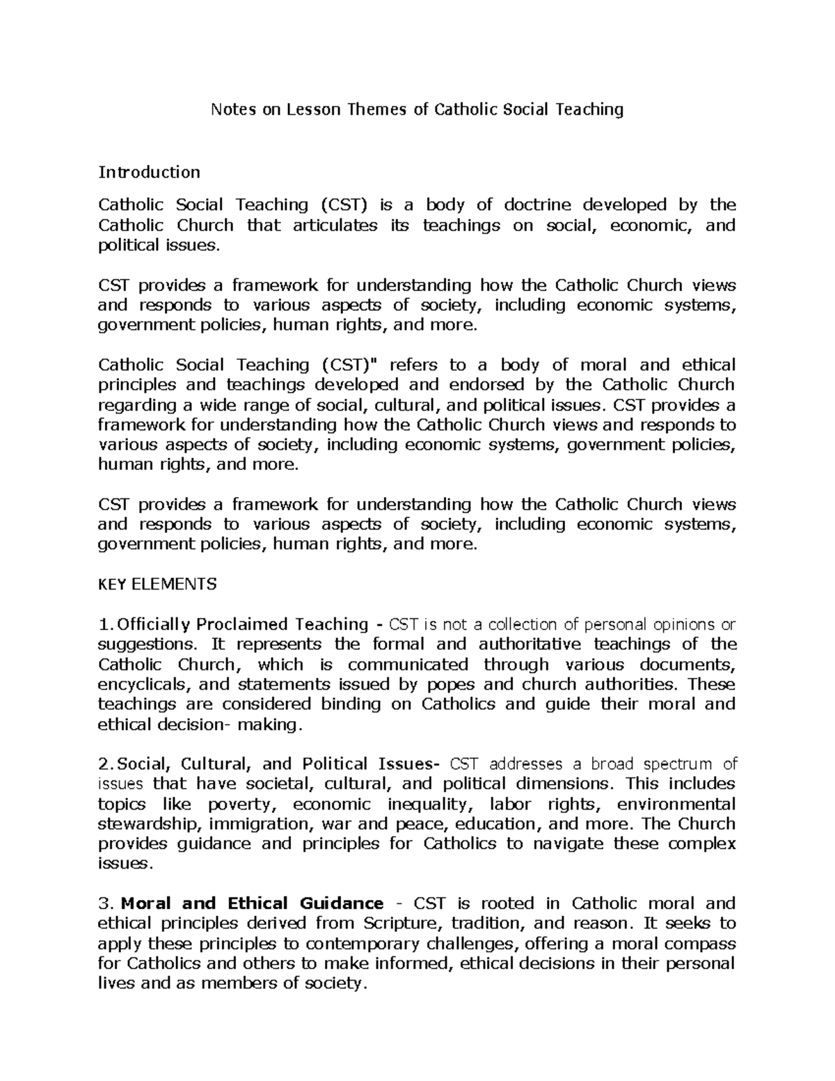 Themes of Catholic Social Teaching - Notes on Lesson Themes of Catholic ...