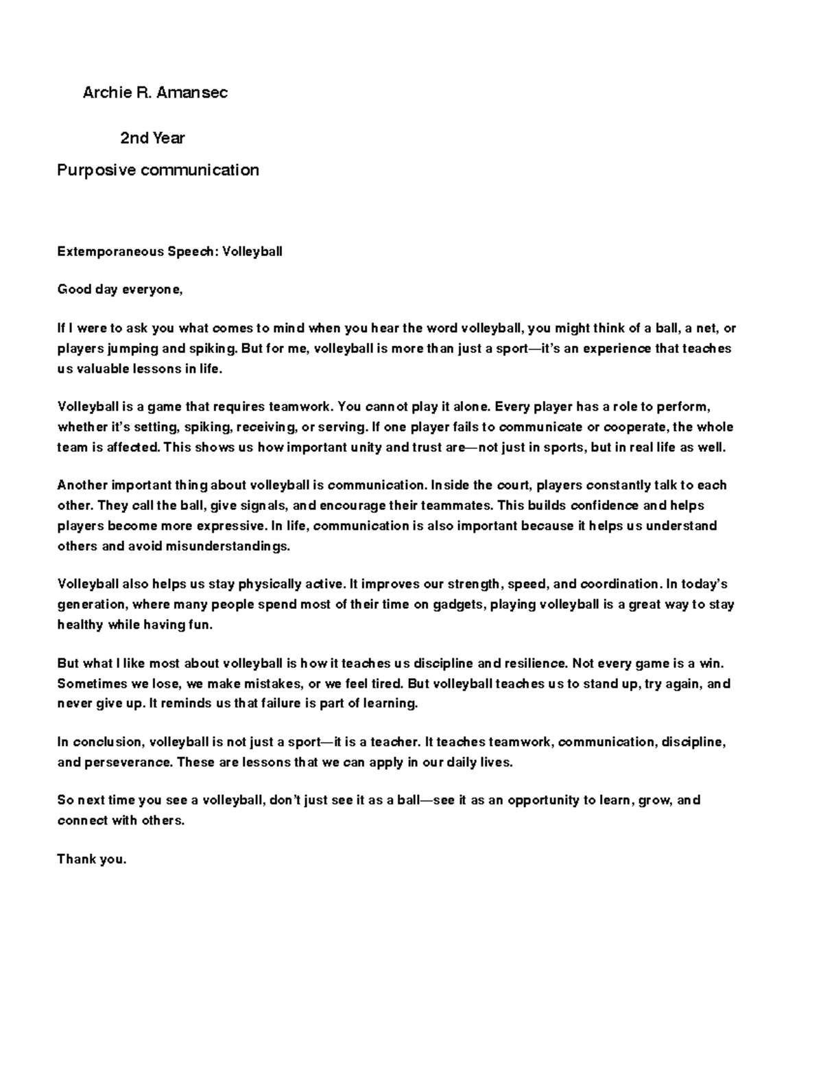 2nd Year Purposive Communication: Extemporaneous Speech on Volleyball ...