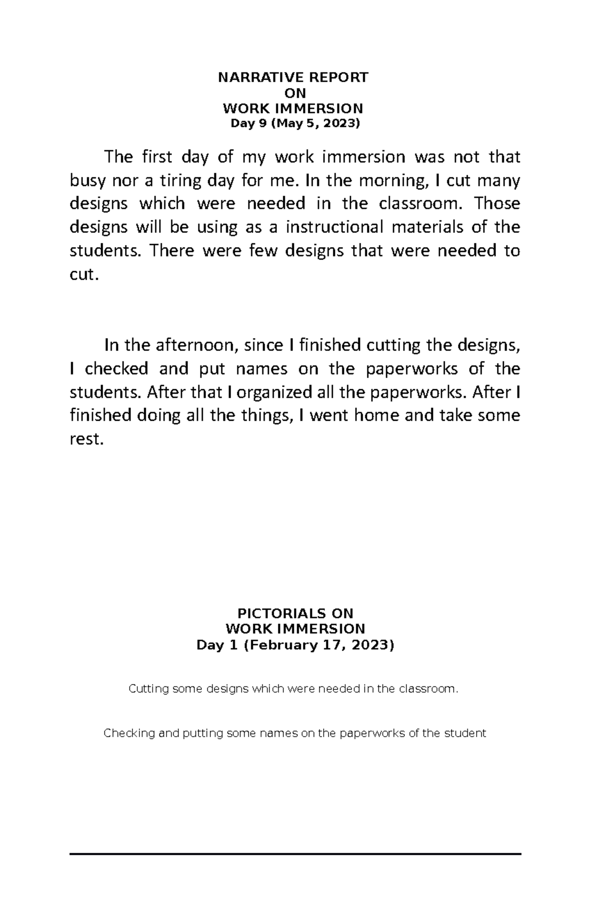 Work Immersion Narrative Report - 2023: Experiences & Insights - Studocu