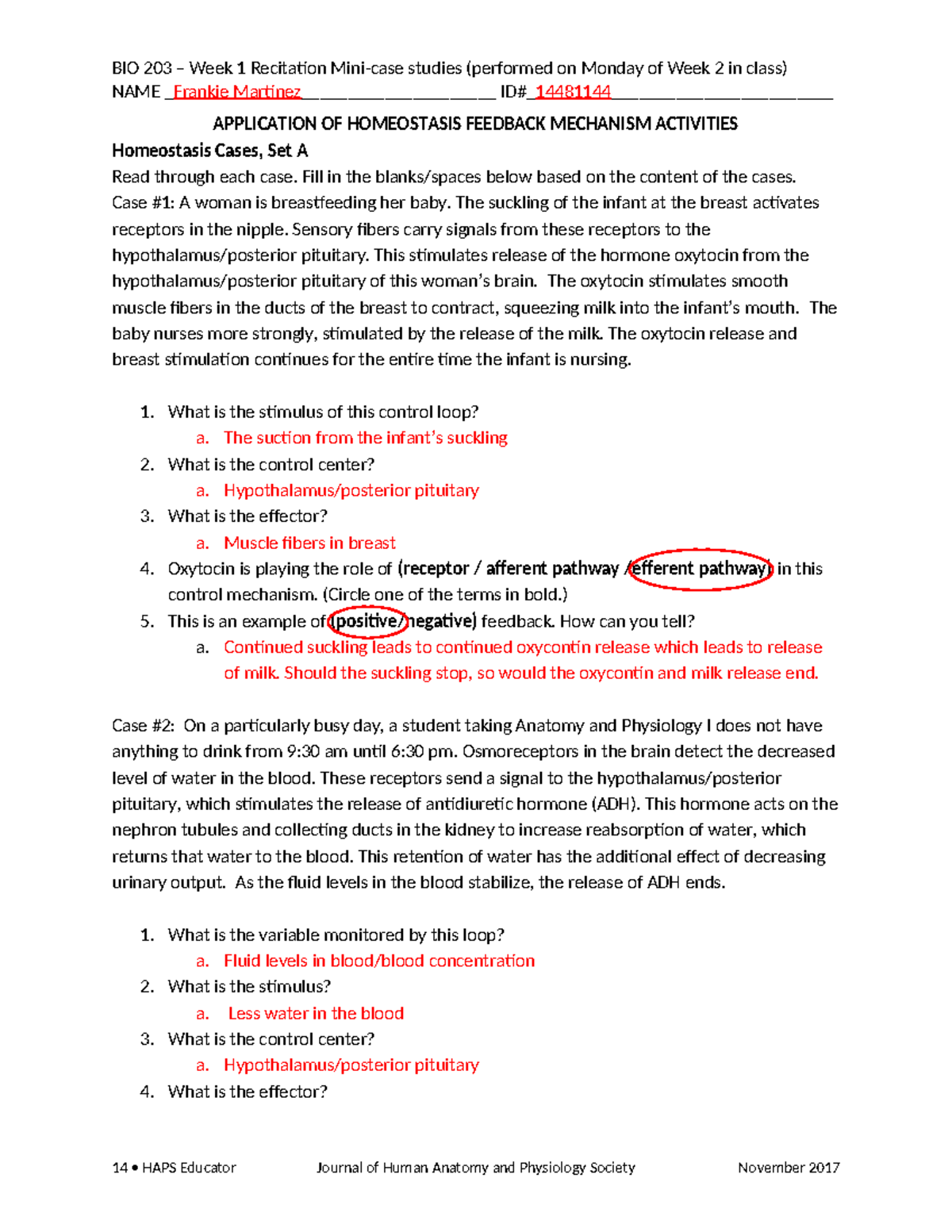 BIO 203 Rec 1 - Homeostasis mini-case studies - student version - BIO ...