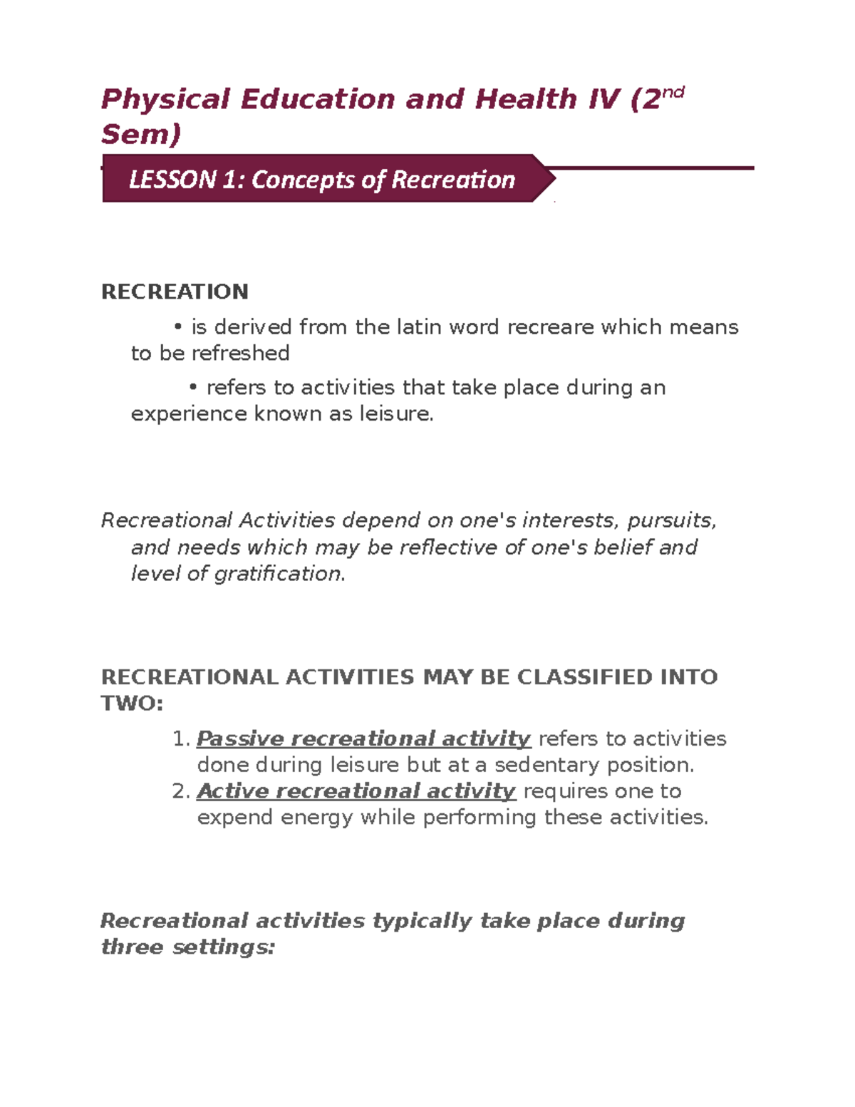 G12 — Physical Education and Health IV: Recreational Activity Insights ...